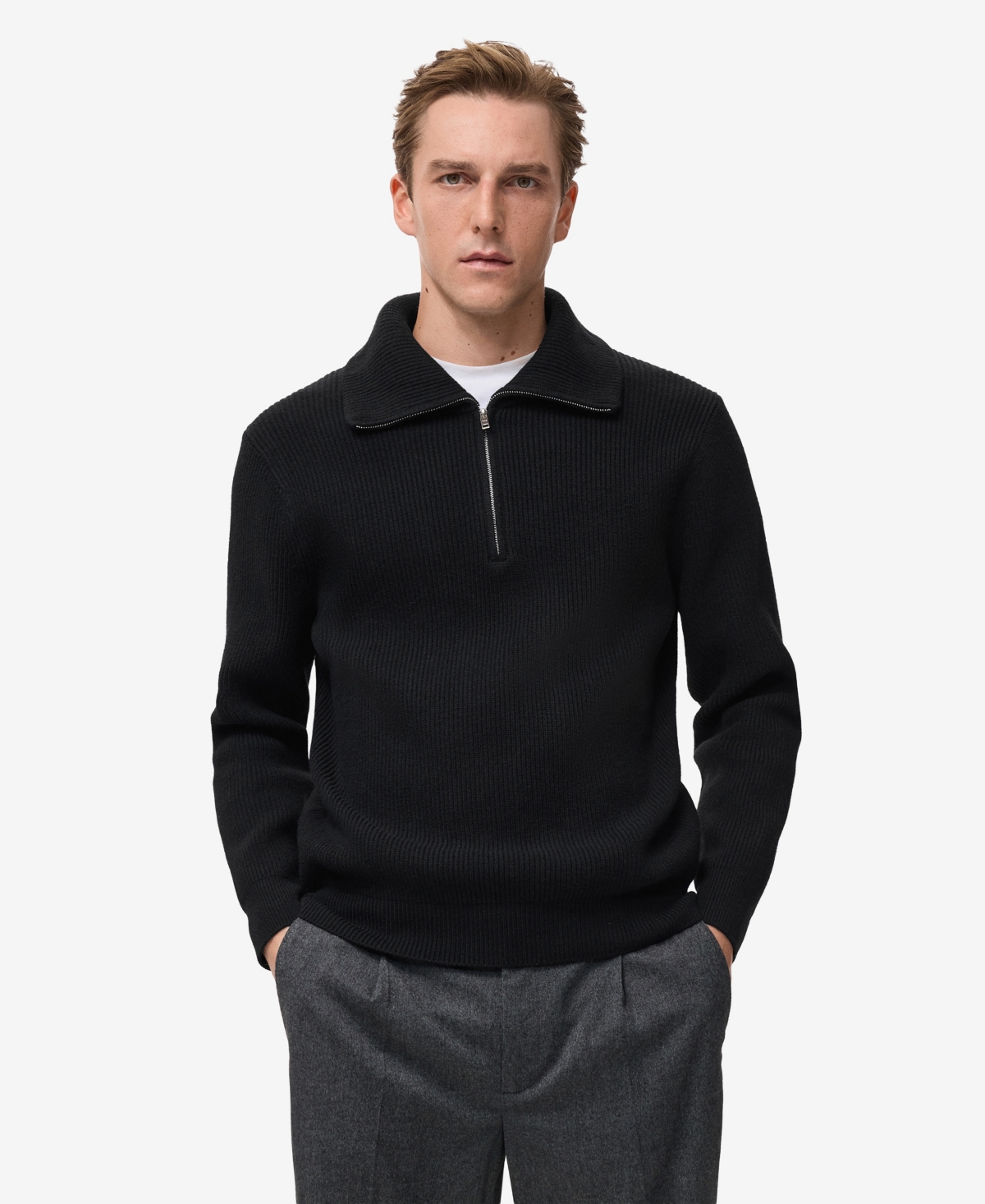 Click here for Mango Mens Zip Collar Knitted Sweater - Black prices