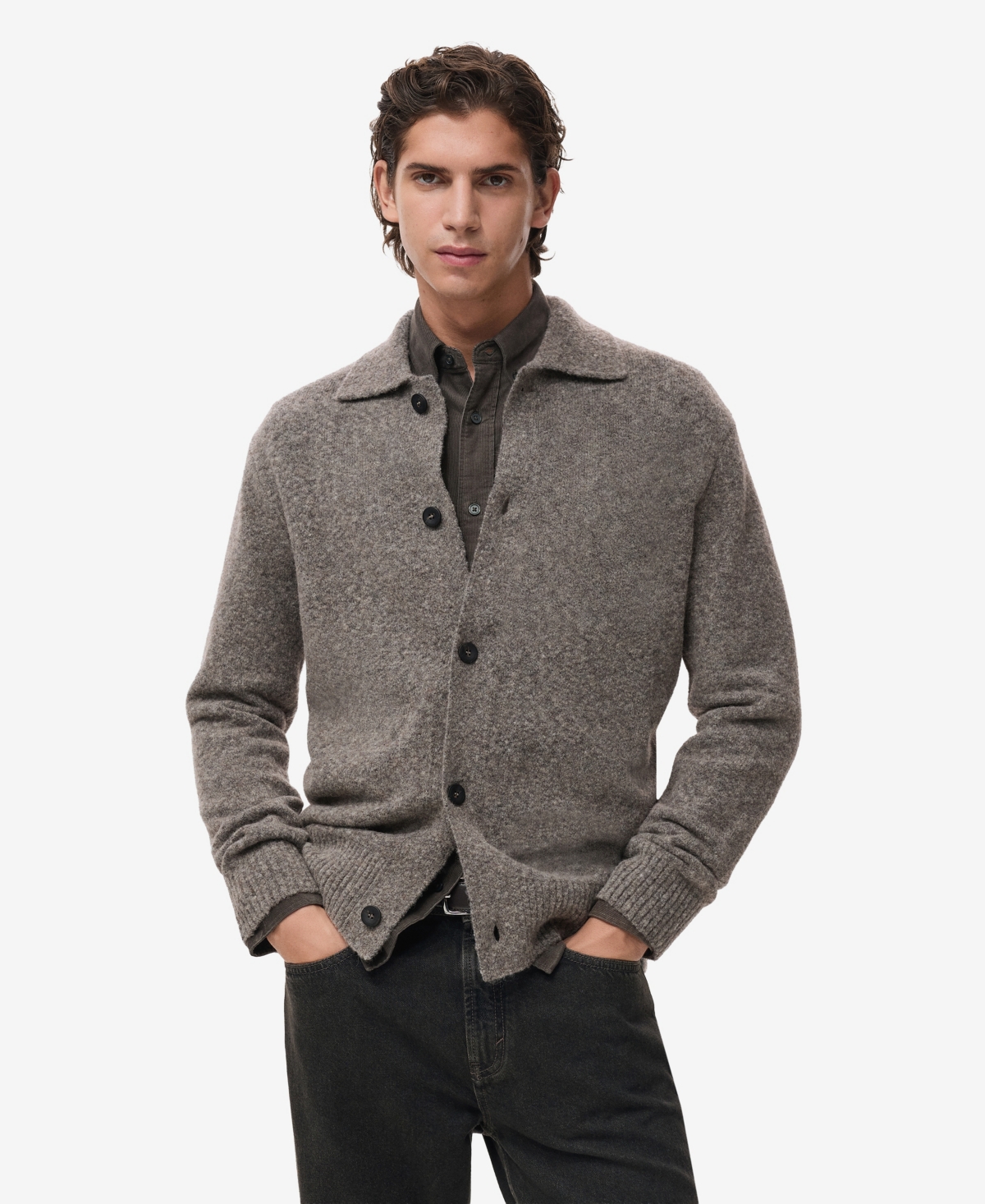 Click here for Mango Mens Knitted Wool Blend Cardigan - Medium Br... prices