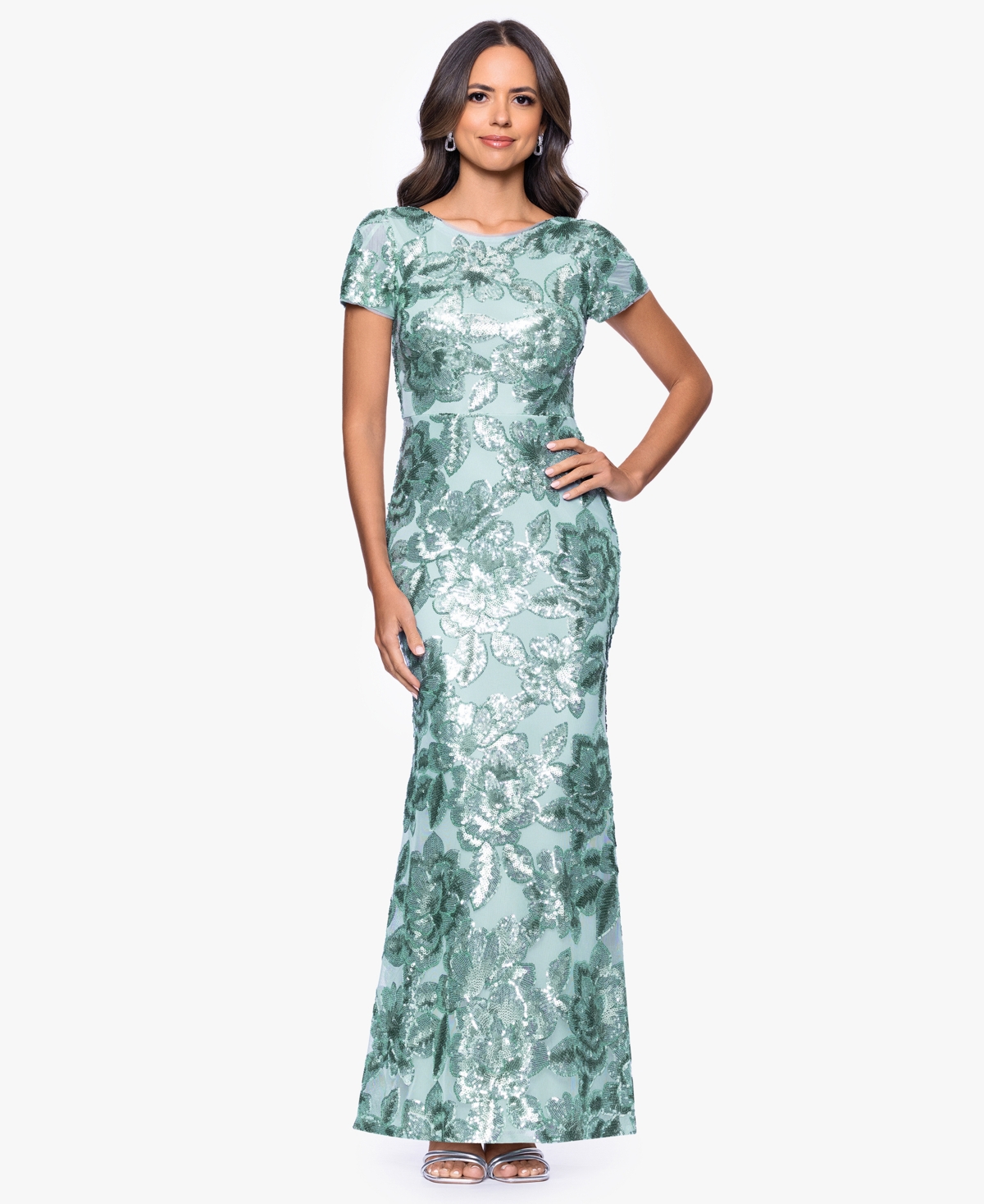Click here for Betsy & Adam Petite Printed Scoop Neck Gown - Seaf... prices