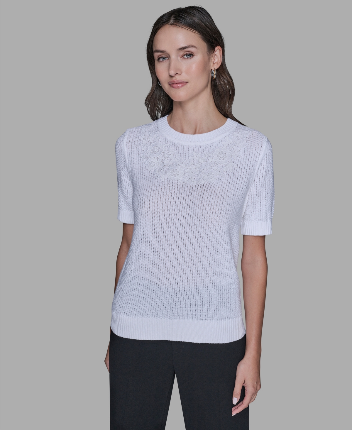 Click here for Karl Lagerfeld Paris Womens Crewneck Floral Trimme... prices