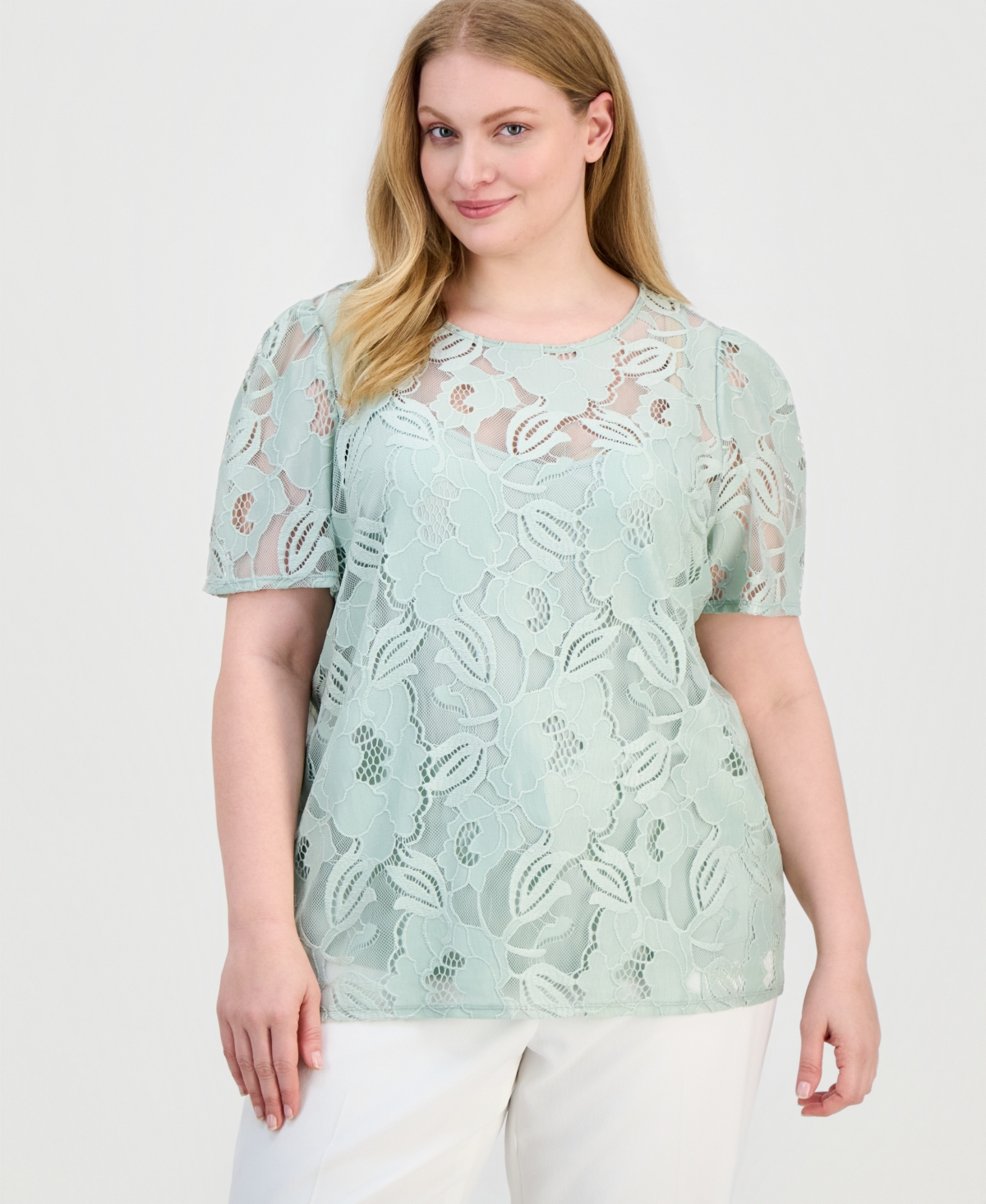 Click here for Anne Klein Plus Size Lace Short-Sleeve Top - Soft... prices