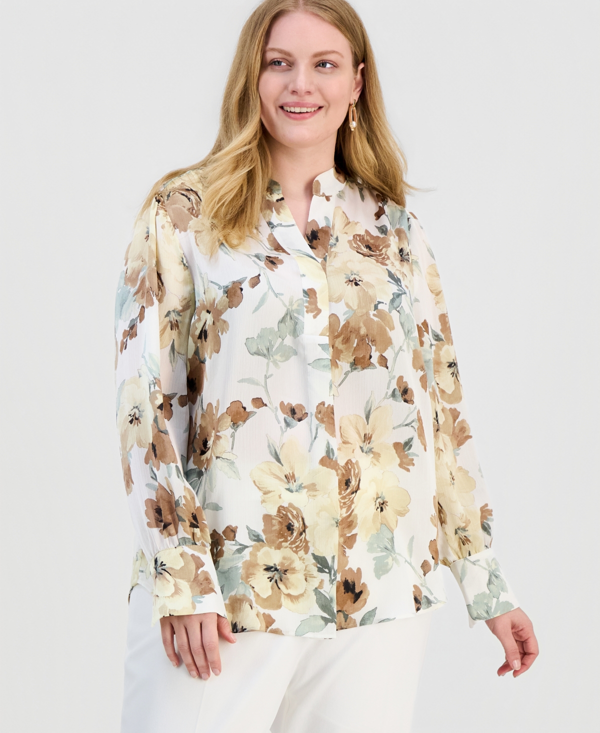 Click here for Anne Klein Plus Size Printed V-Neck Long-Sleeve Bl... prices