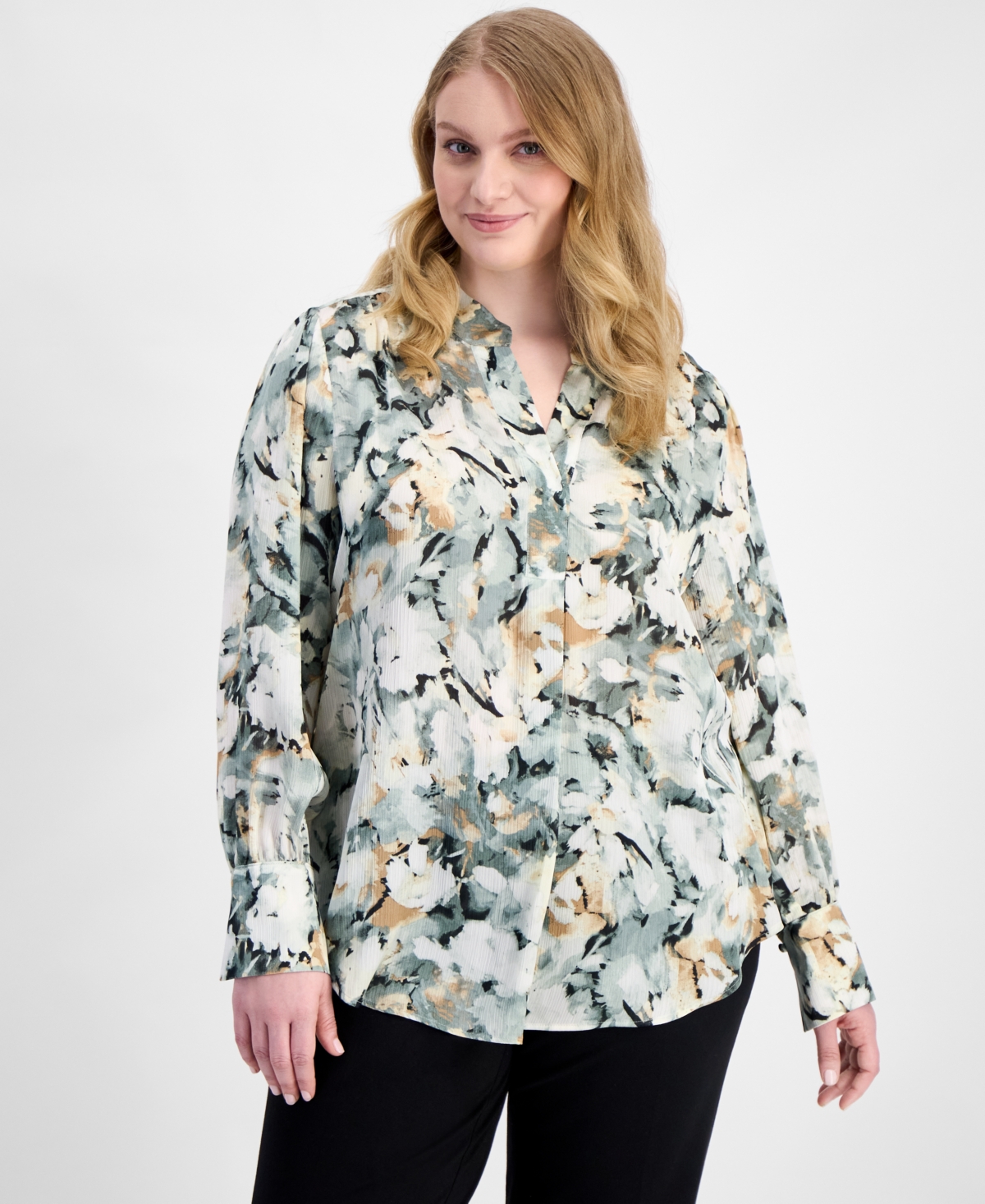 Click here for Anne Klein Plus Size Printed V-Neck Long-Sleeve Bl... prices