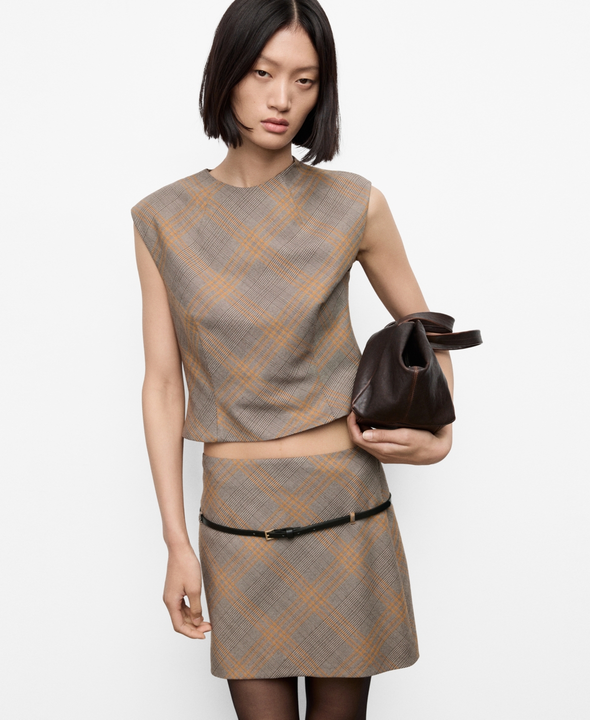 Click here for Mango Womens Belt Checked Skirt - Brown prices