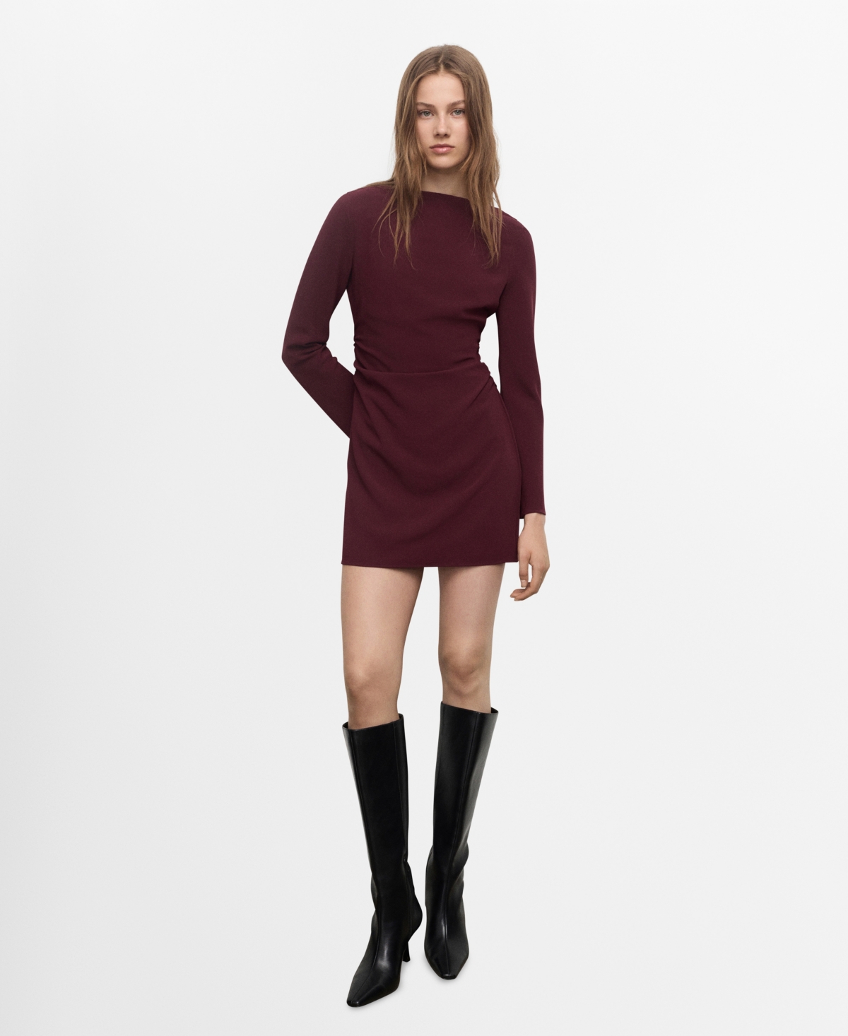 Click here for Mango Womens Boat-Neck Ruched Dress - Maroon prices