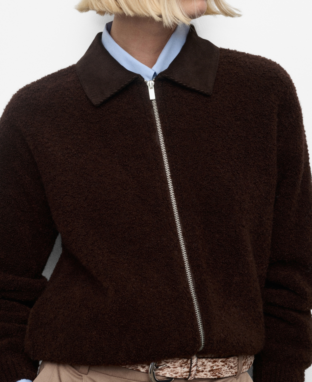 Click here for Mango Womens Corduroy Collar Boucle Jacket - Brown prices