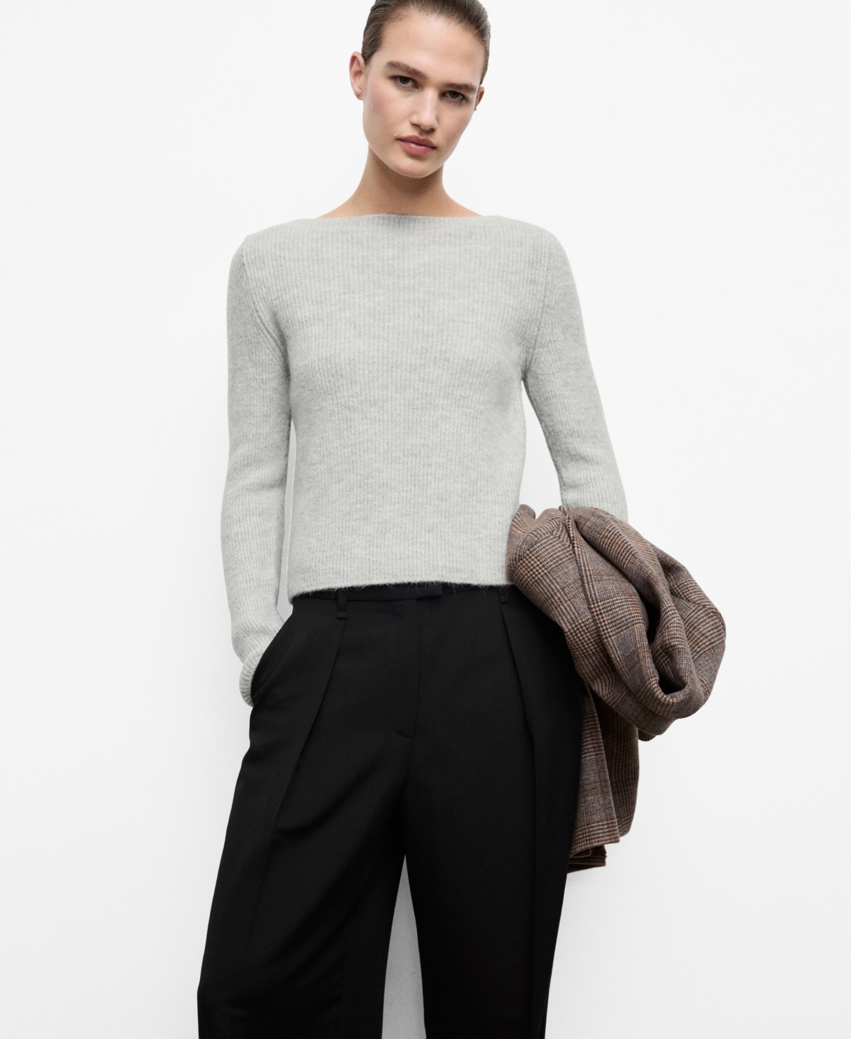 Click here for Mango Womens Knitted Ribbed Sweater - Grey prices