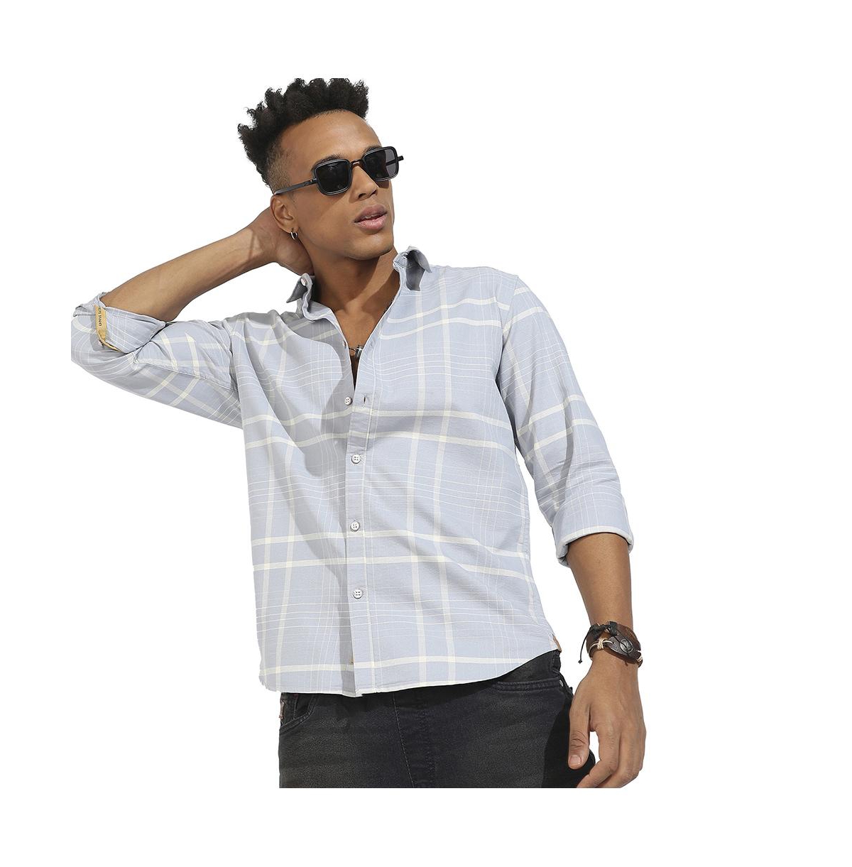 Click here for Campus Sutra Mens Light Grey Contrast Tartan Plaid... prices