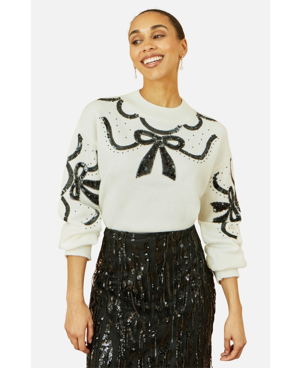 Click here for Yumi Womens Sequinned Bow Neckline Sweater - White prices