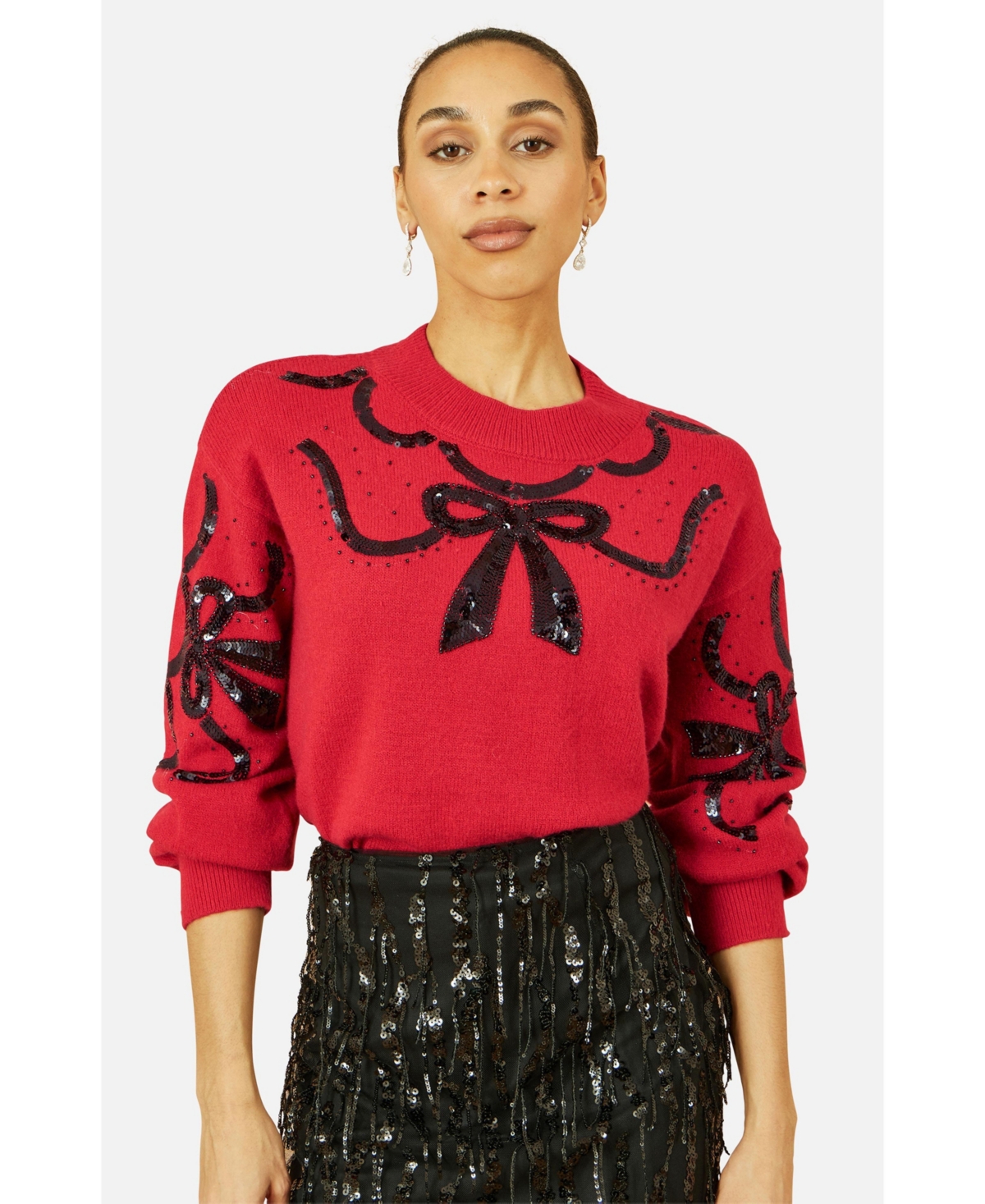 Click here for Yumi Womens Sequinned Bow Neckline Sweater - Red prices