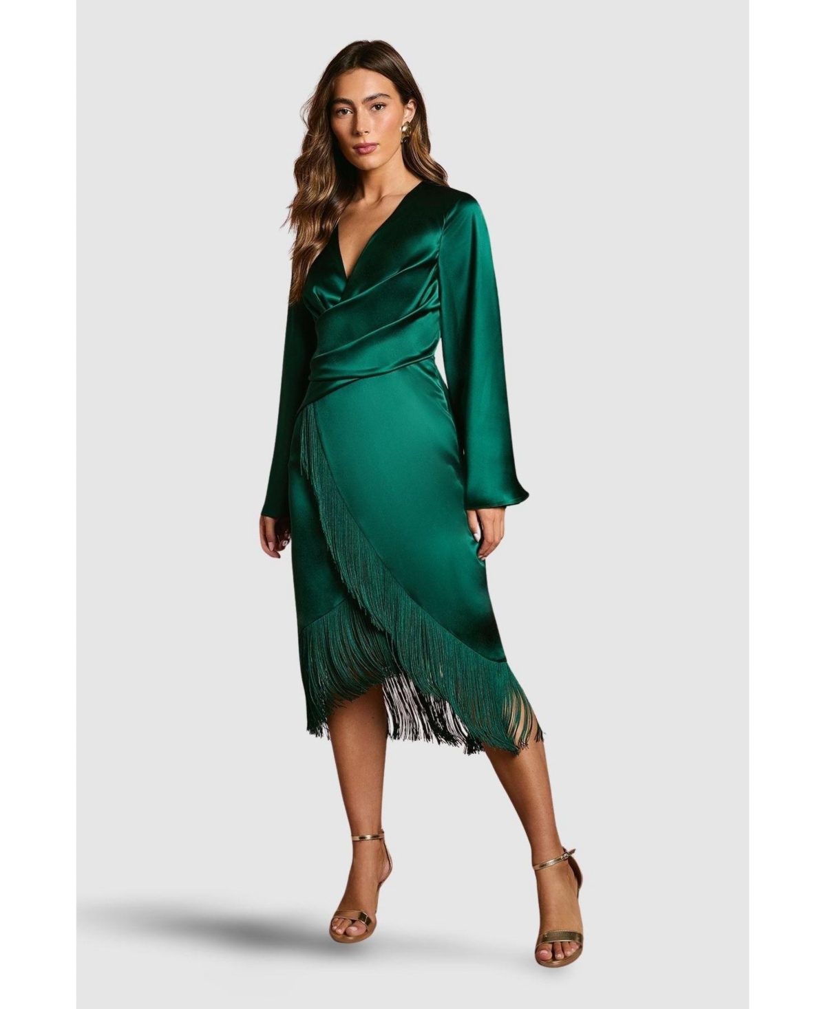 Click here for Coast Womens Satin Fringe Hem Wrap Waist Midi Dres... prices