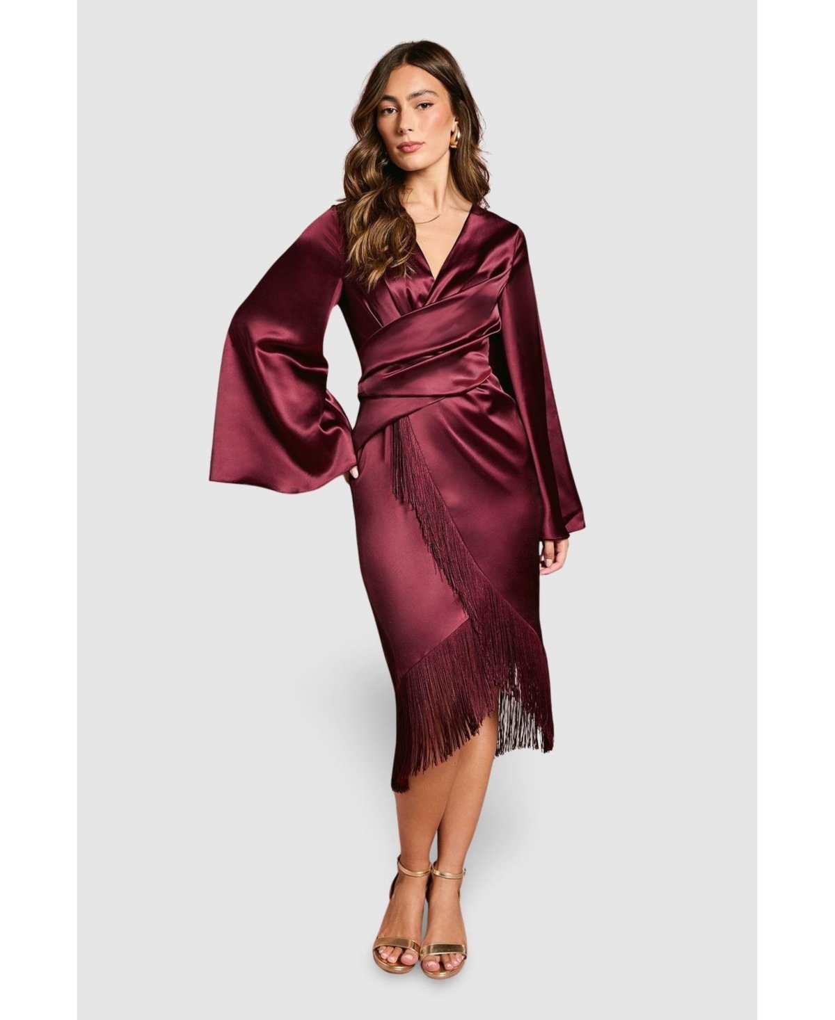 Click here for Coast Womens Satin Fringe Hem Wrap Waist Midi Dres... prices