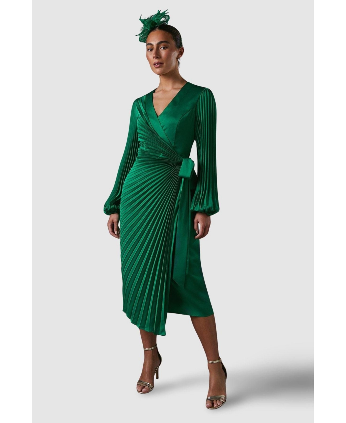 Click here for Coast Womens Satin Pleated Wrap Dress - Green prices