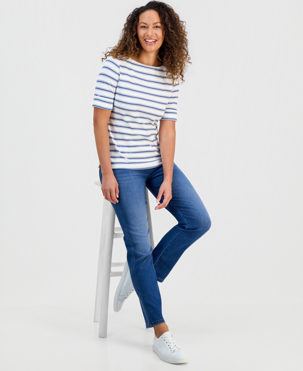 Click here for Style & Co Womens Printed Boat-Neck Elbow-Sleeve T... prices
