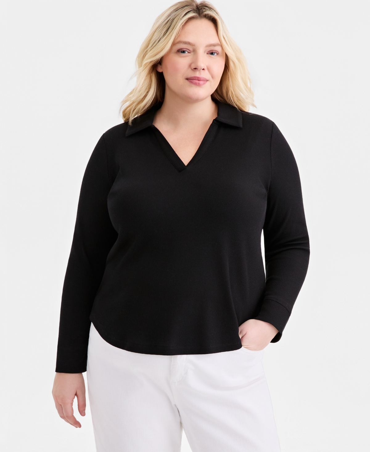 Click here for Style & Co Plus Size Johnny-Collar Long-Sleeve Top... prices