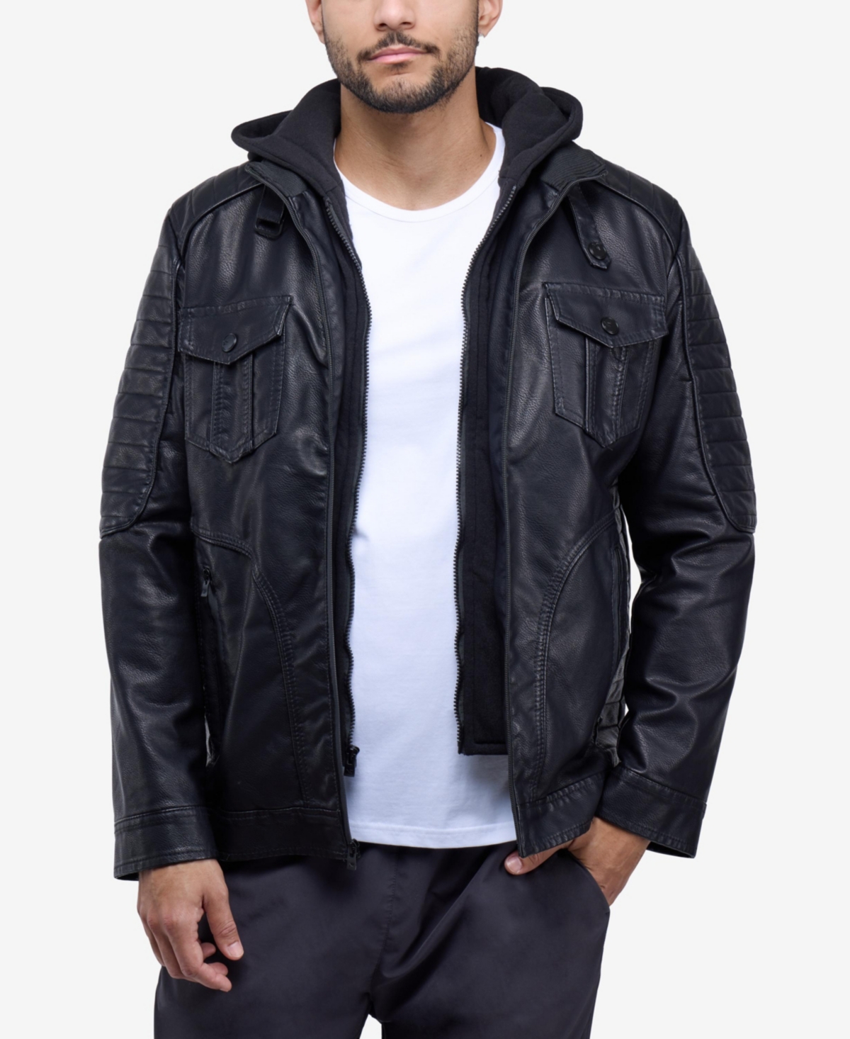 Click here for Xray Mens Pu Moto Two Pocket Jacket With Bib Hood... prices