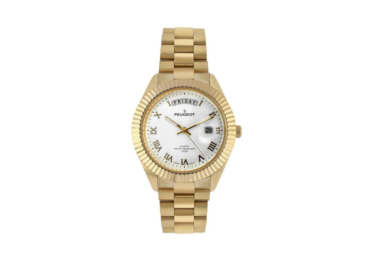 Click here for Peugeot Mens 40mm White Face Fluted Bezel Gold Bra... prices