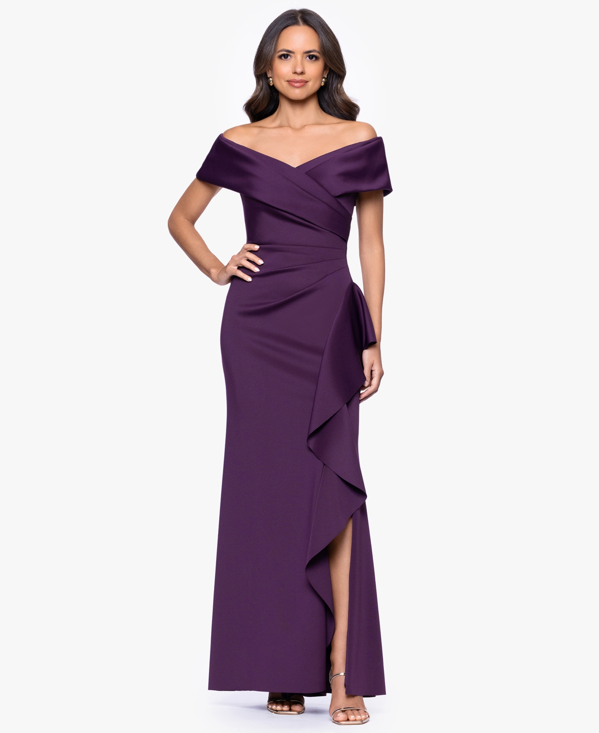 Click here for Xscape Petite Off-The-Shoulder Ruffle Detail Gown... prices
