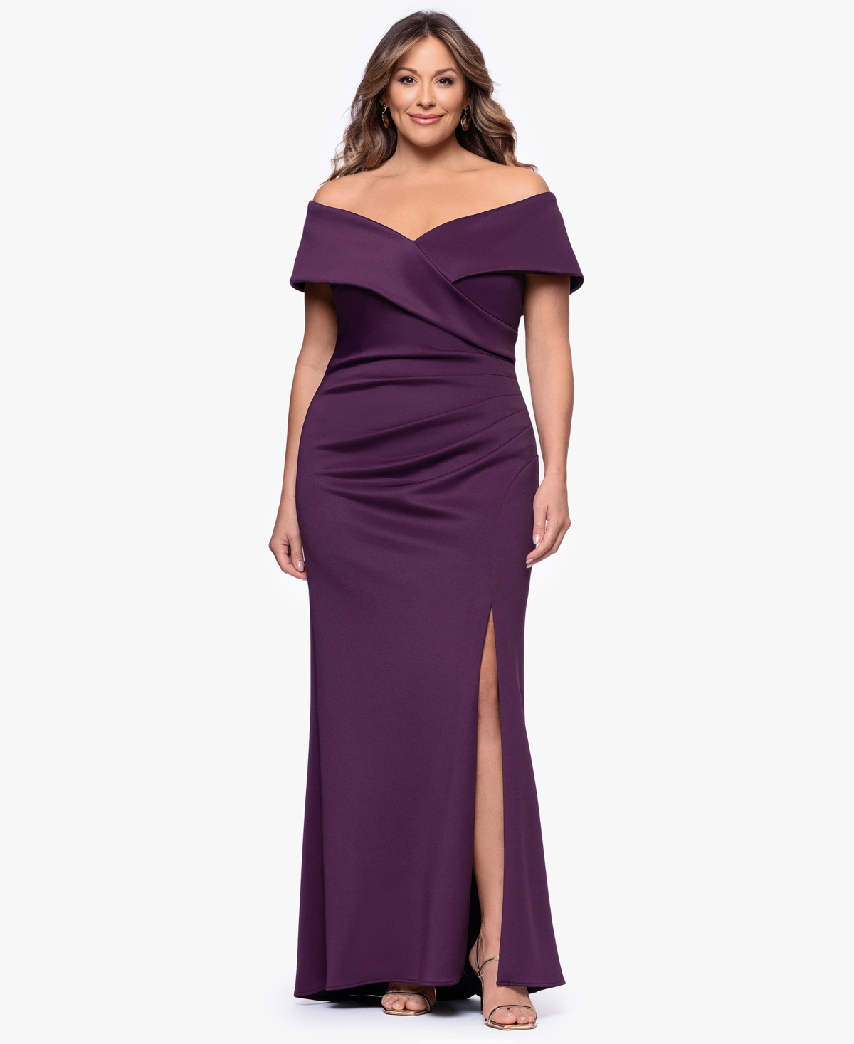 Click here for Xscape Plus Size Off-The-Shoulder Gown - Plum prices