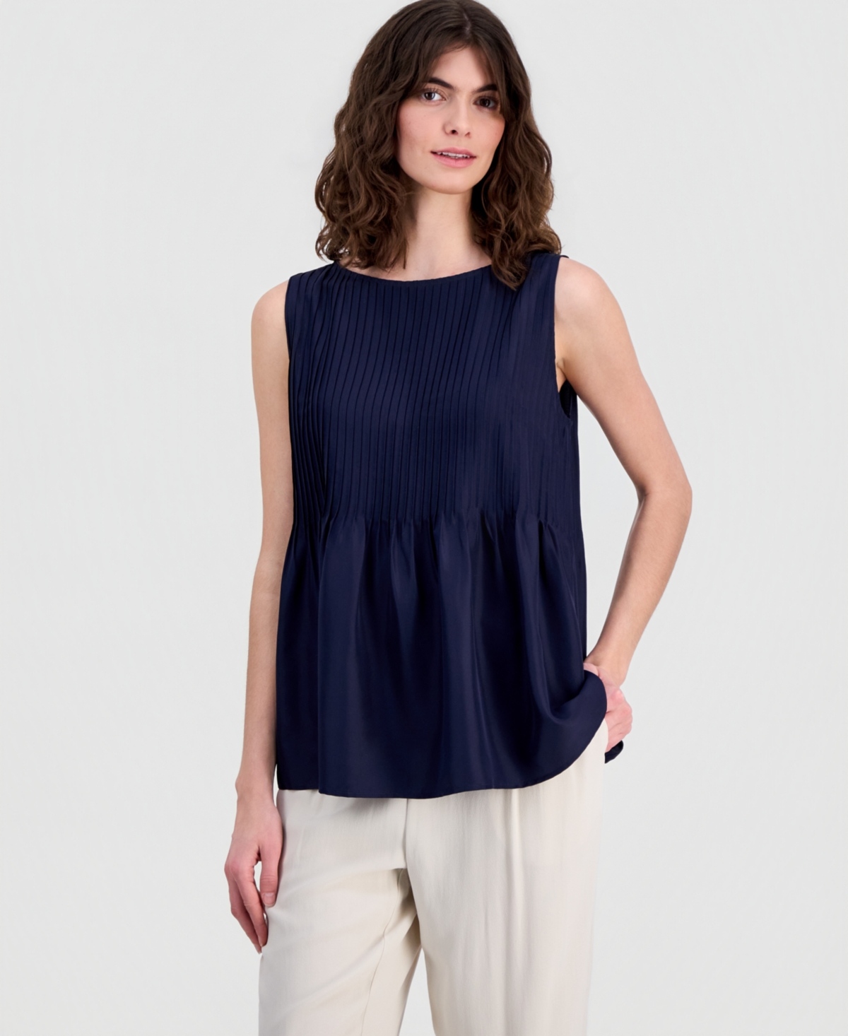 Click here for Eileen Fisher Womens Pleated Silk Bateau Neck Tank... prices