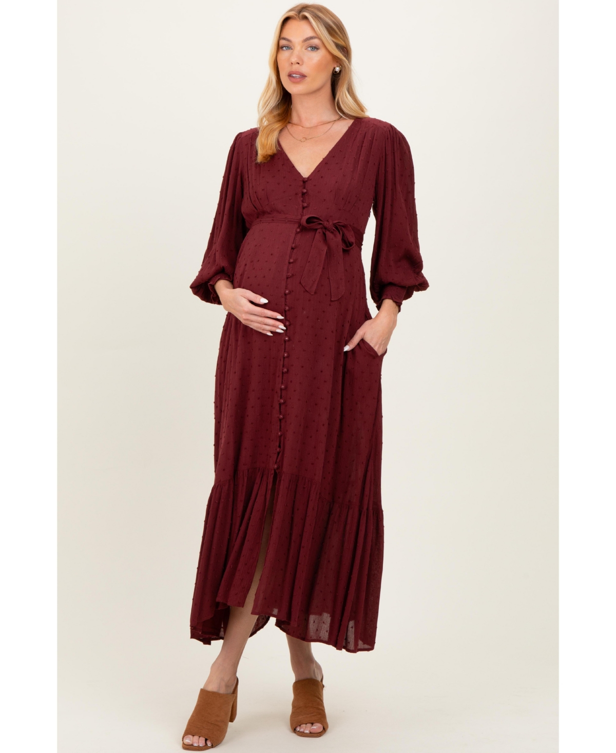 Click here for Pinkblush Maternity Burgundy Swiss Dot Button Down... prices