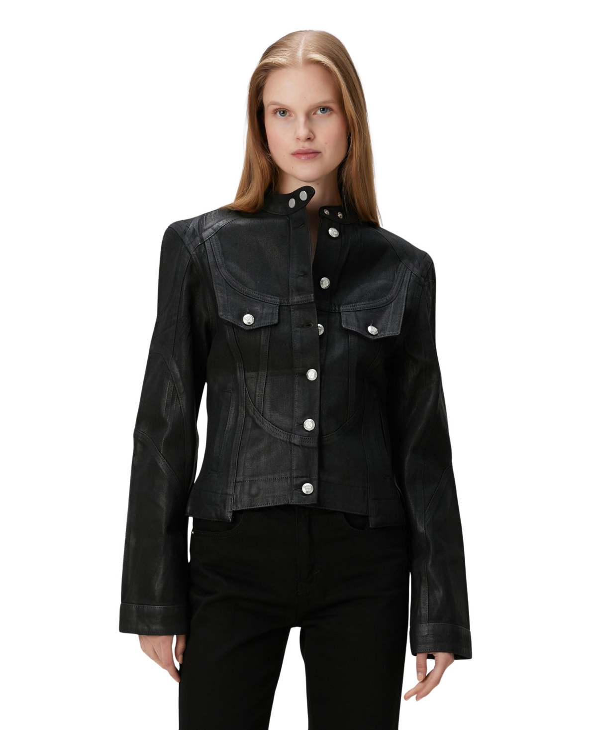 Click here for Pcfg Womens Coated Denim Moto Jacket - Black prices