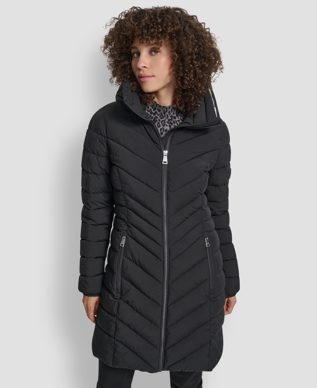 Click here for Dkny Womens Chevron Stand Collar Coat - Black prices