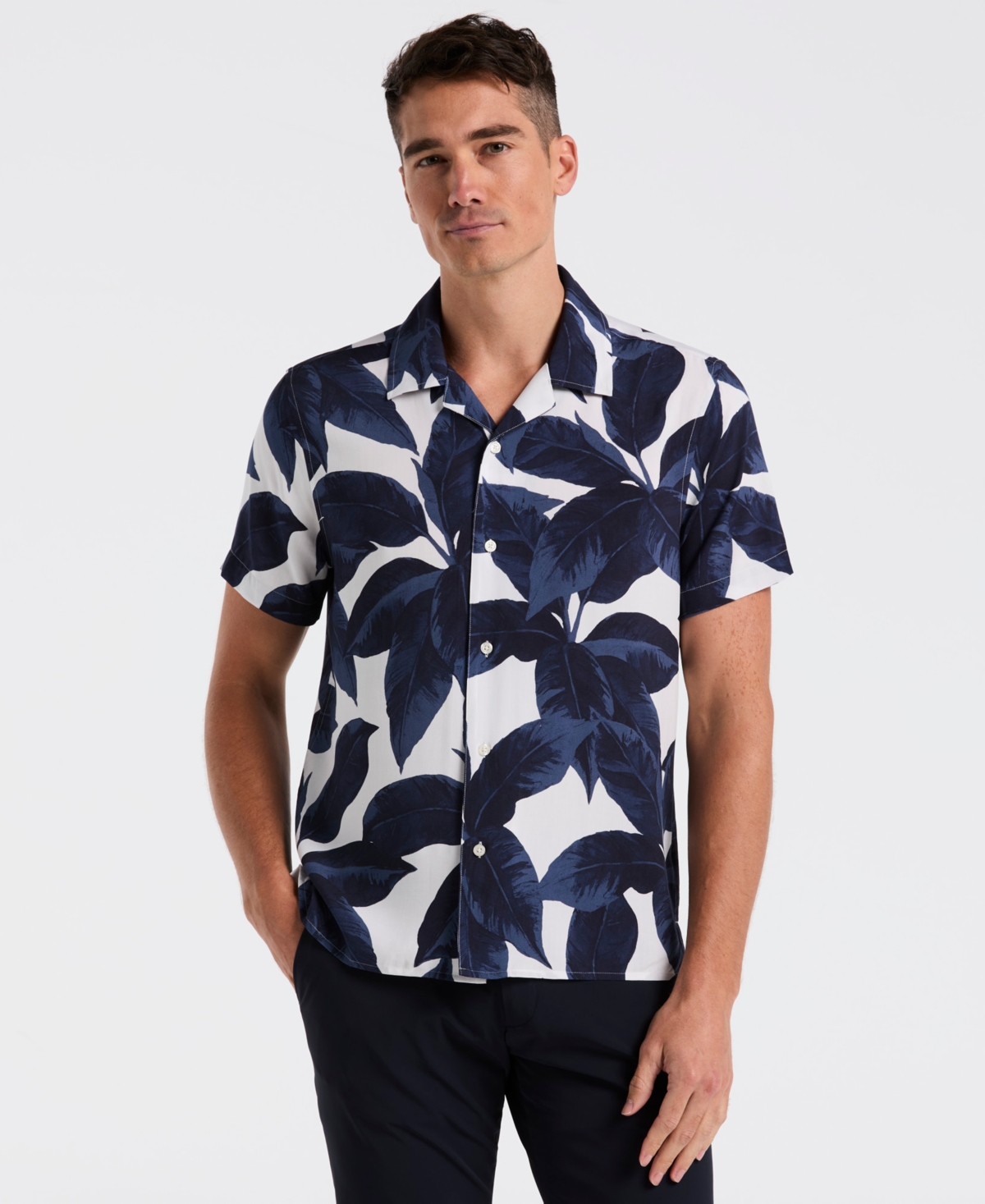 Click here for Perry Ellis Mens Tropical Plant Print Camp-Collar... prices