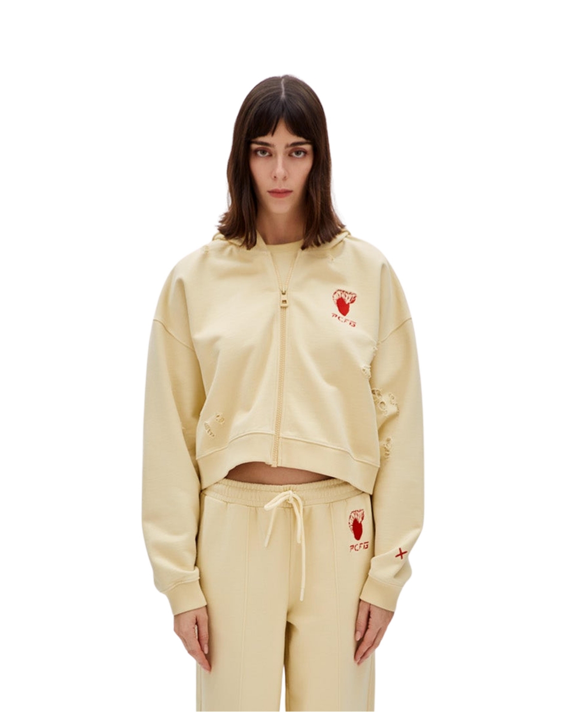 Click here for Pcfg Womens Cotton Destroyed Zip-Up Hoodie - Beige prices