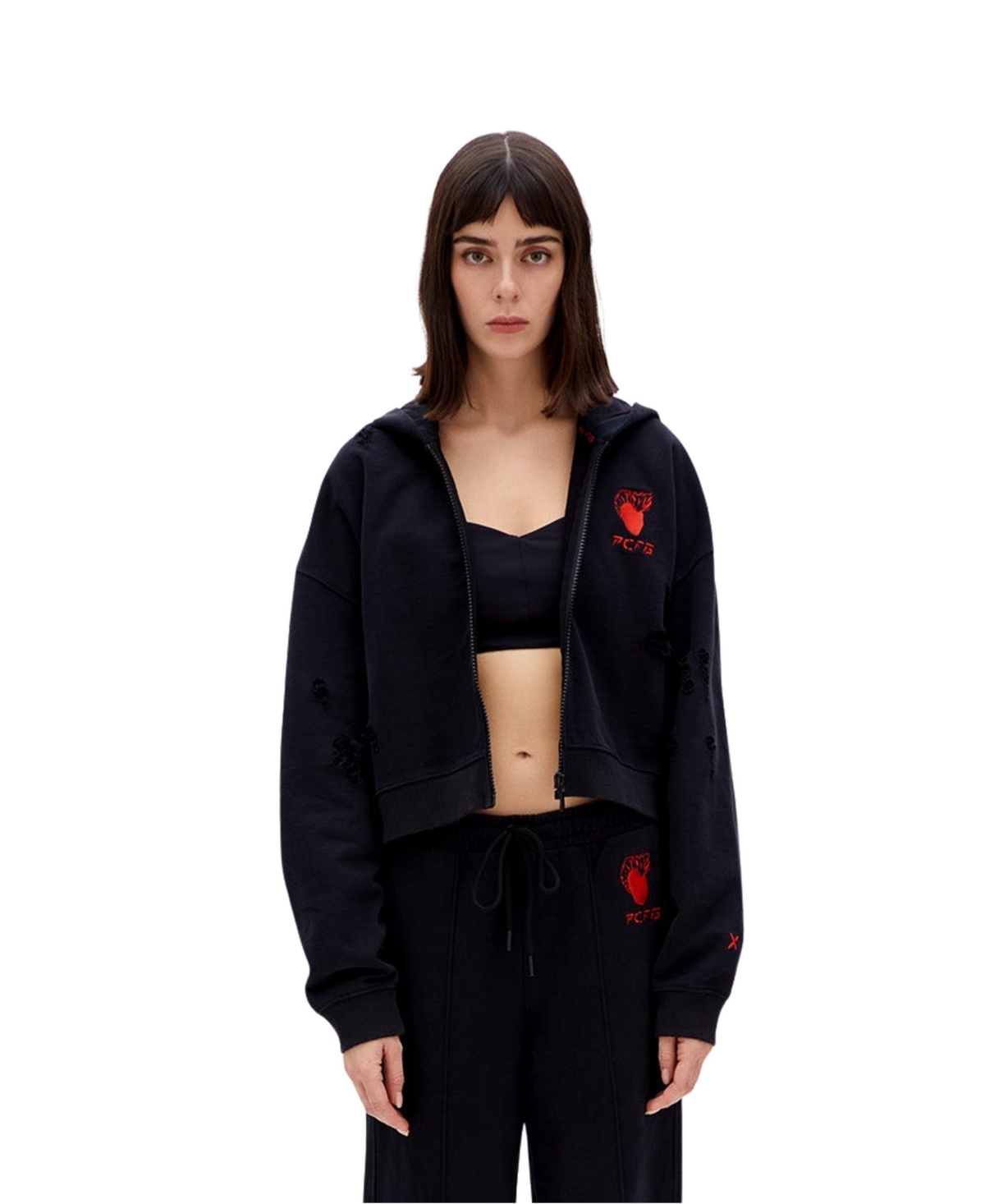 Click here for Pcfg Womens Cotton Destroyed Zip-Up Hoodie - Black prices