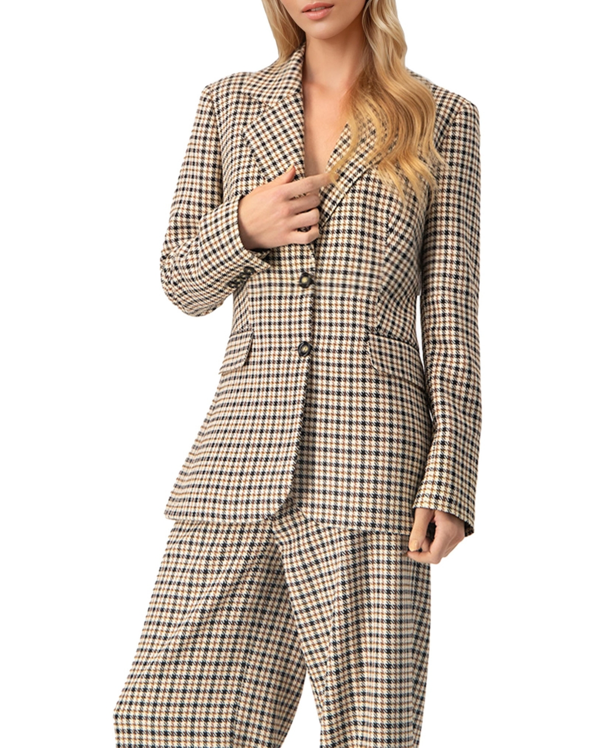 Click here for Ivonne Womens Checked Two Button Blazer - Beige prices