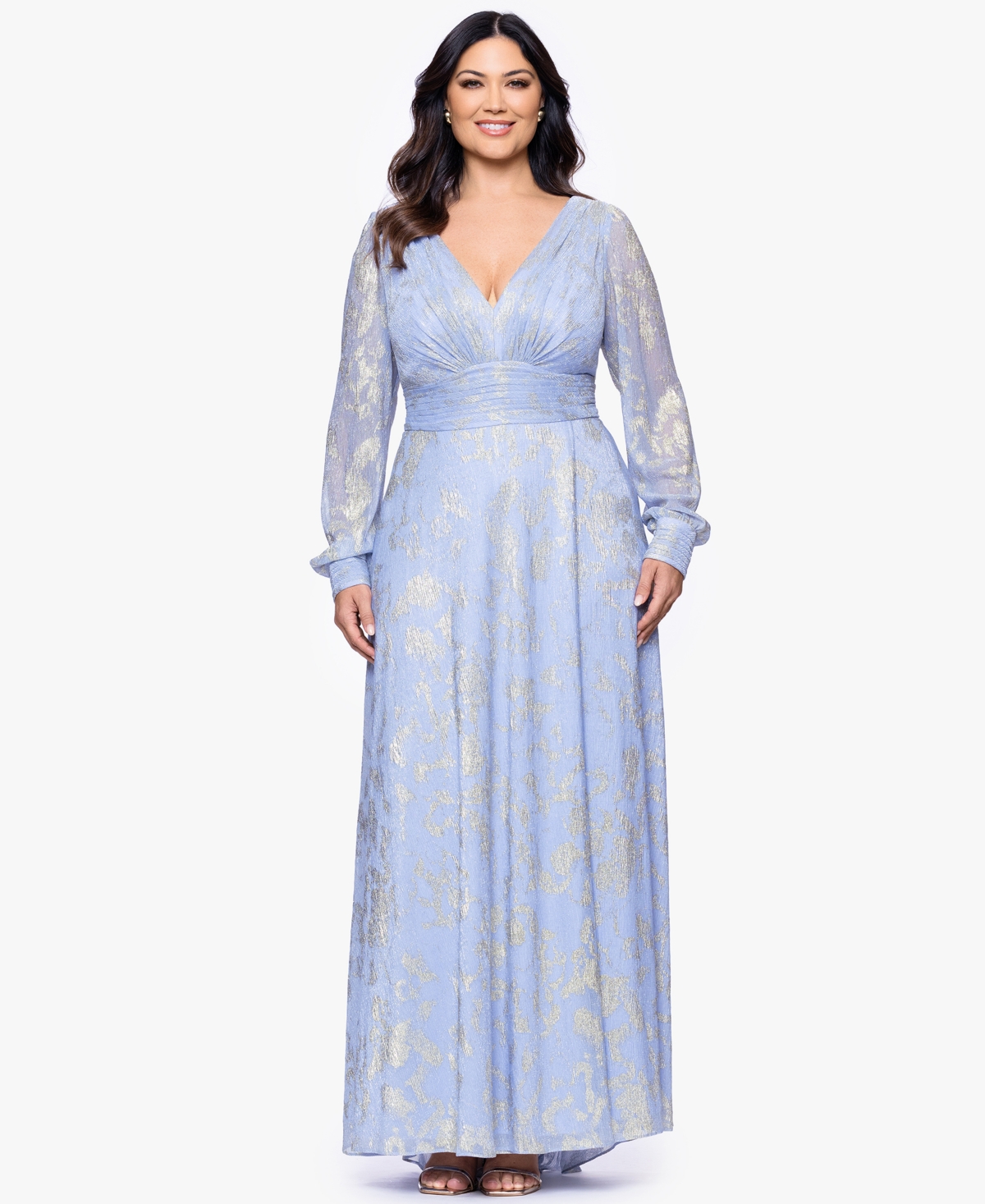 Click here for Betsy & Adam Plus Size V-Neck Foil Mesh A-Line Dre... prices