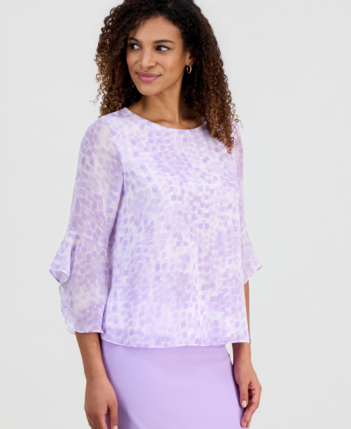 Click here for Kasper Womens Printed Ruffle-Sleeve Blouse - Laven... prices