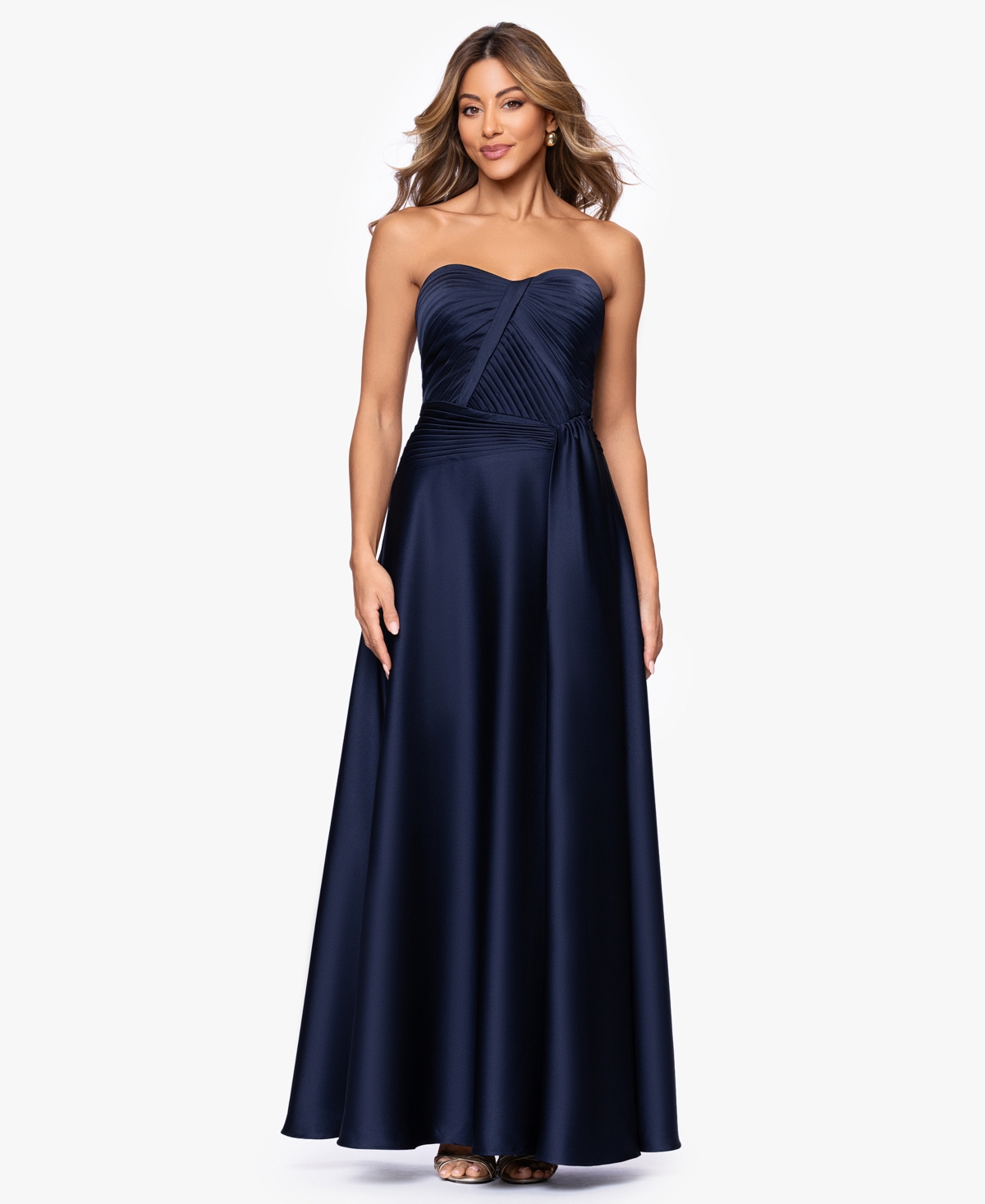 Click here for Xscape Womens Hammered Satin Strapless Gown - Navy prices