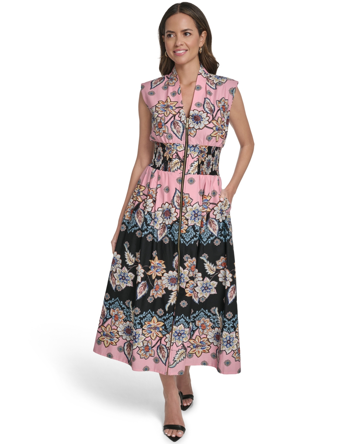 Click here for Vince Camuto Womens Front Zip Smock Waist Midi Dre... prices