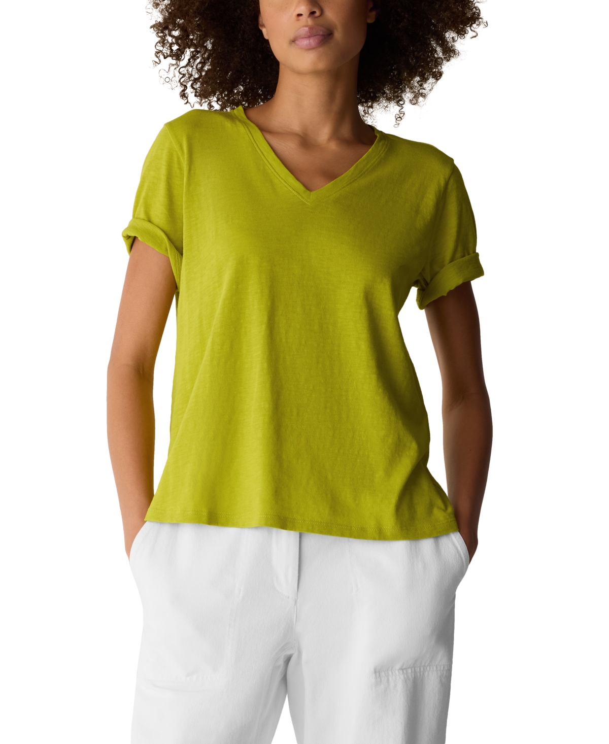 Click here for Eileen Fisher Womens V-Neck Pull-On T-Shirt - Citr... prices