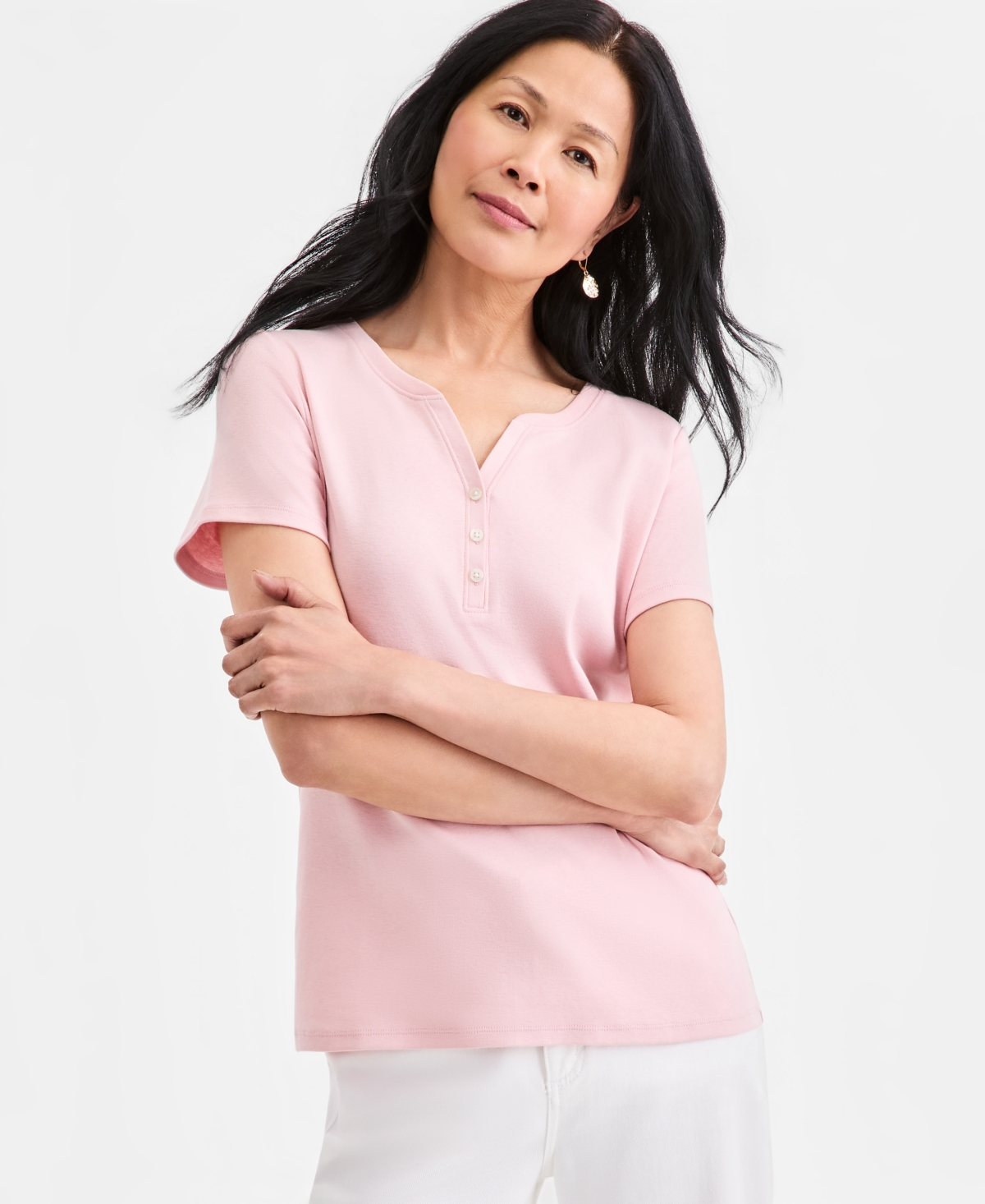 Click here for Style & Co Womens Short-Sleeve Cotton Henley Top... prices