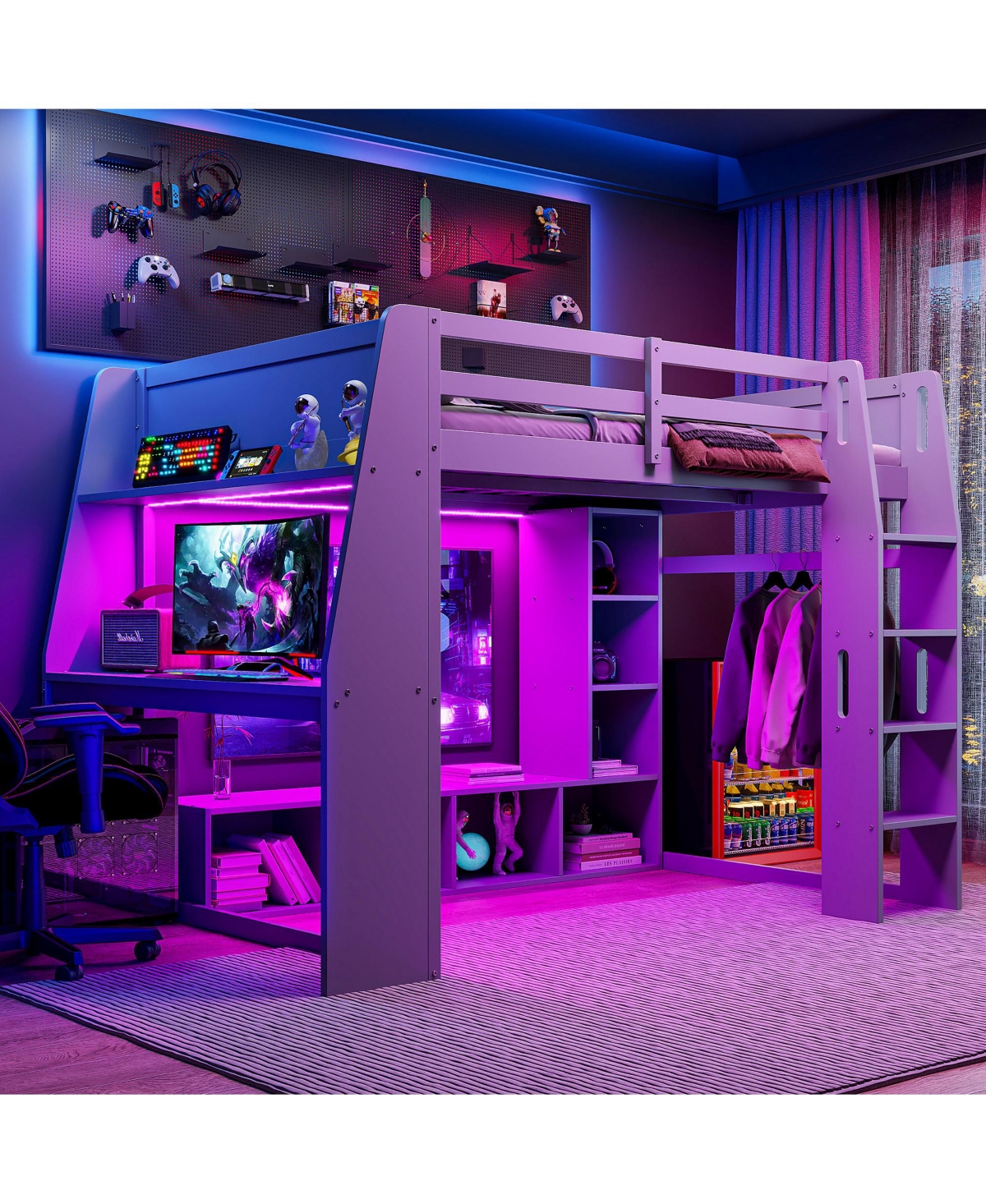 Click here for Flynama Gray Wood Full Size Gaming Loft Bed w Buil... prices