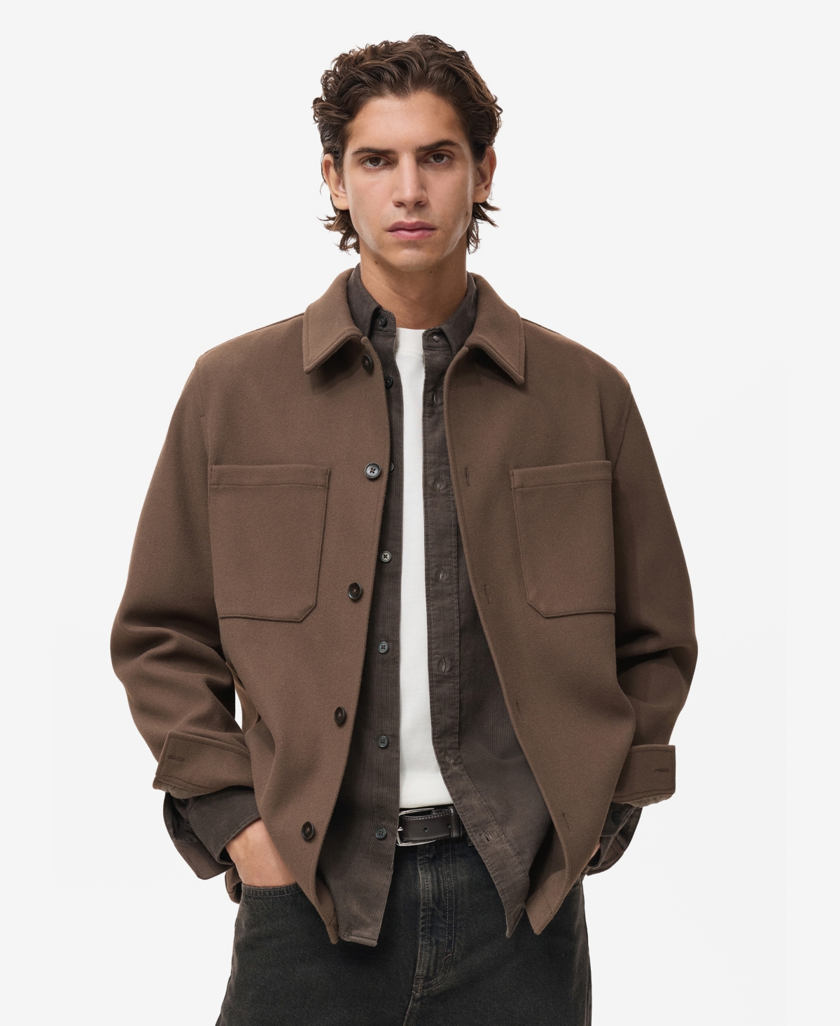 Click here for Mango Mens Pockets Wool Overshirt - Medium Brown prices