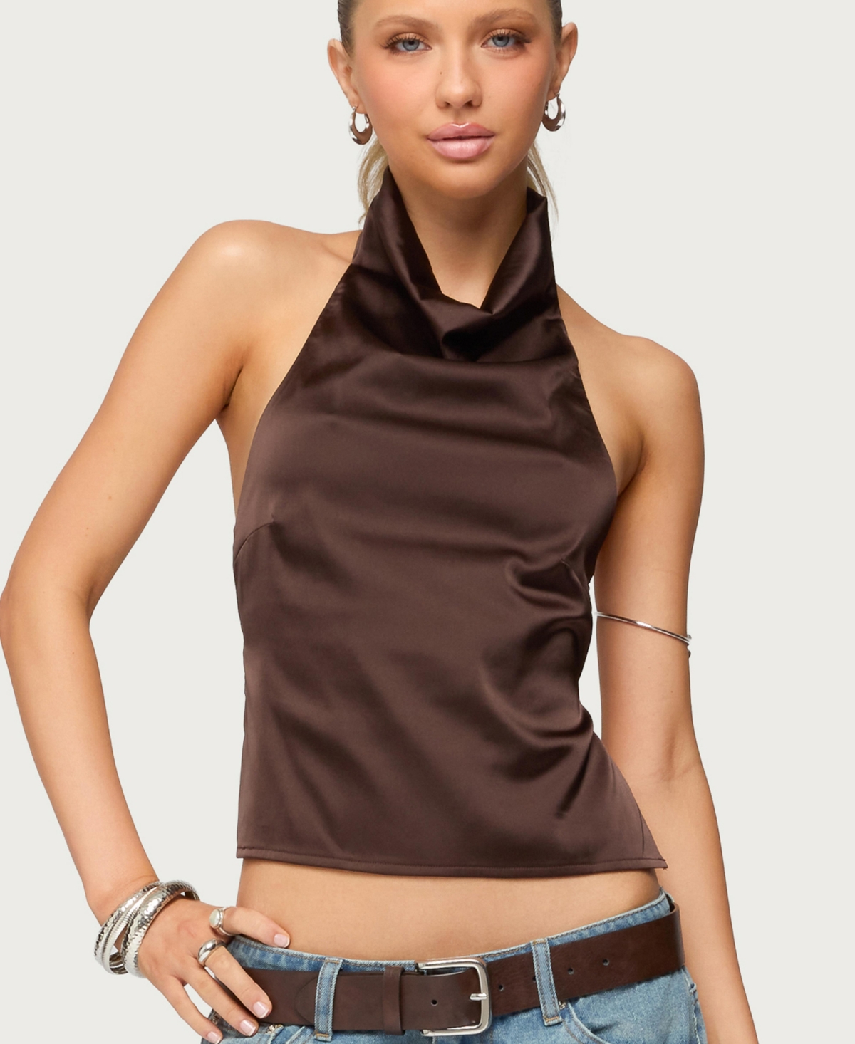 Click here for Edikted Womens Satin Effect Backless Cowl Neck Top... prices
