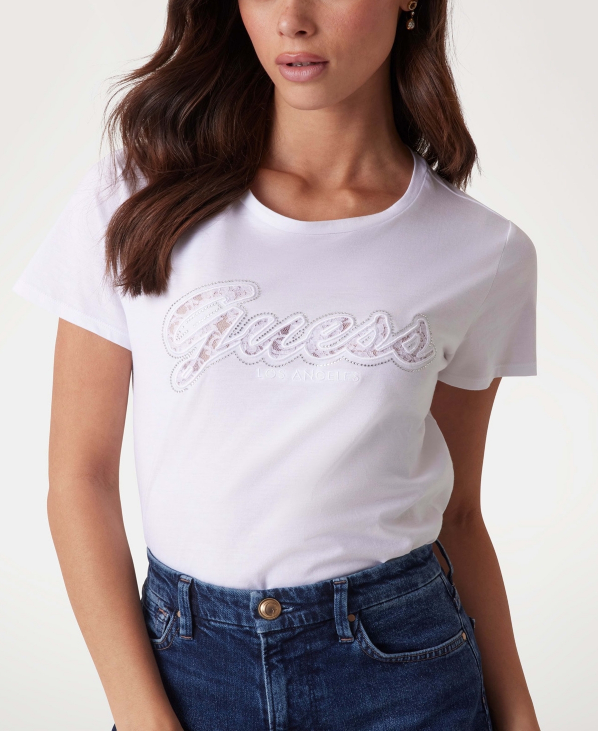 Click here for Guess Womens Script Lace Logo Easy Cotton T-Shirt... prices
