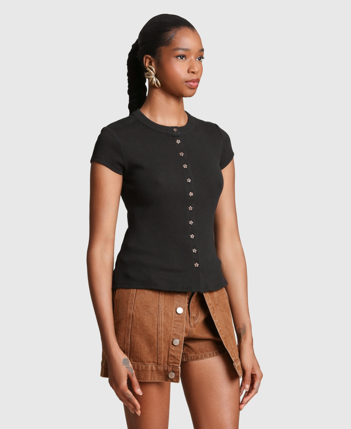 Click here for Avec Les Filles Womens Button-Front Crewneck Top -... prices