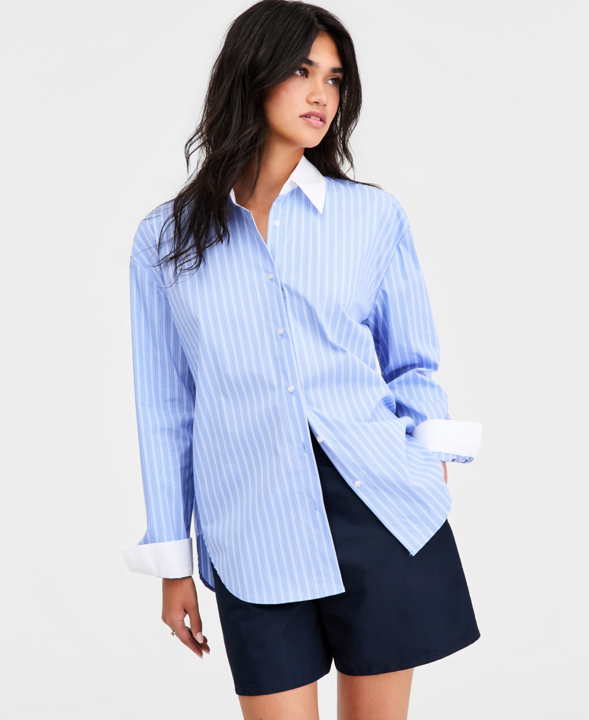 Click here for Bar Iii Womens Contrast-Collar Striped Shirt  Macy... prices
