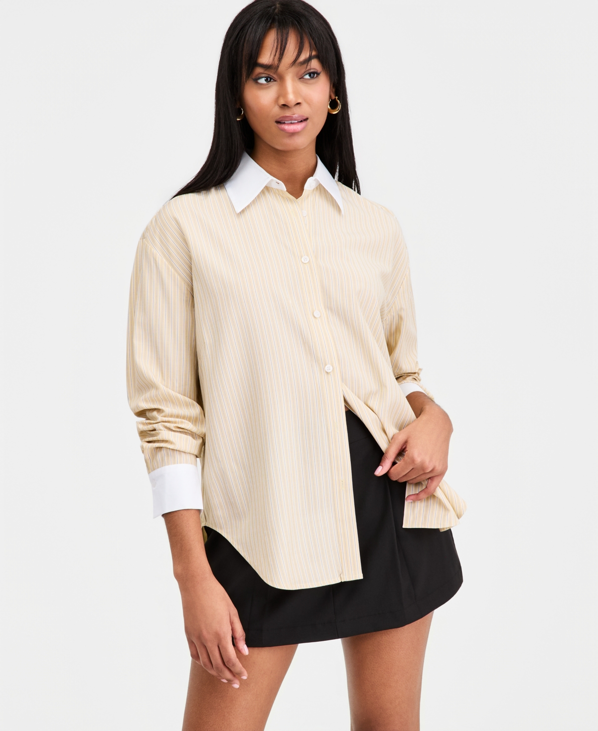 Click here for Bar Iii Womens Contrast-Collar Striped Shirt  Macy... prices
