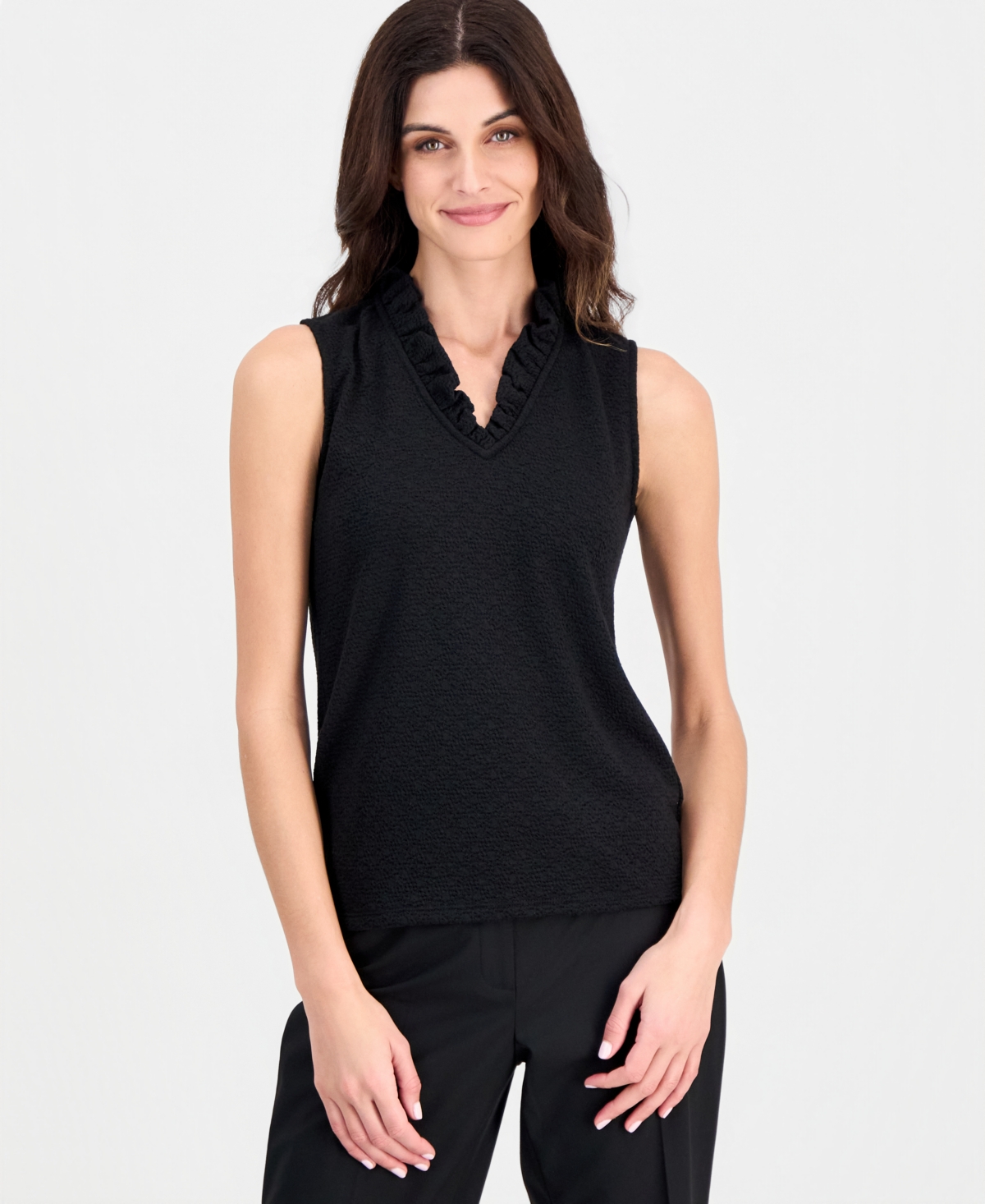 Click here for Anne Klein Womens Sleeveless Ruffled-Neck Top - An... prices