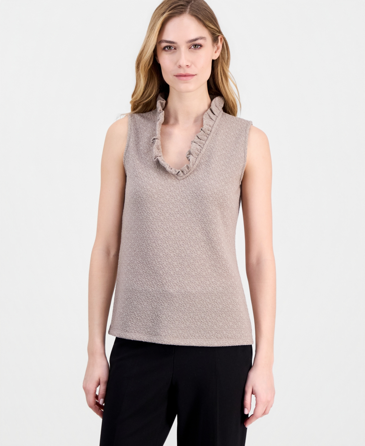 Click here for Anne Klein Womens Sleeveless Ruffled-Neck Top - Po... prices