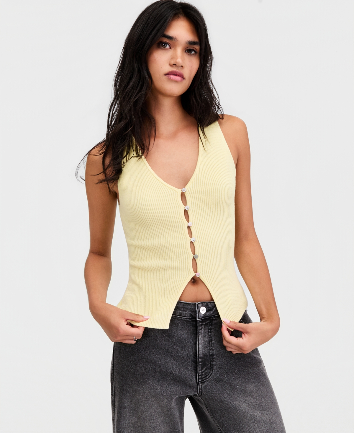 Bar Iii Womens Ribbed Button-Front Top  Macys Exclusive - Butter Yellow