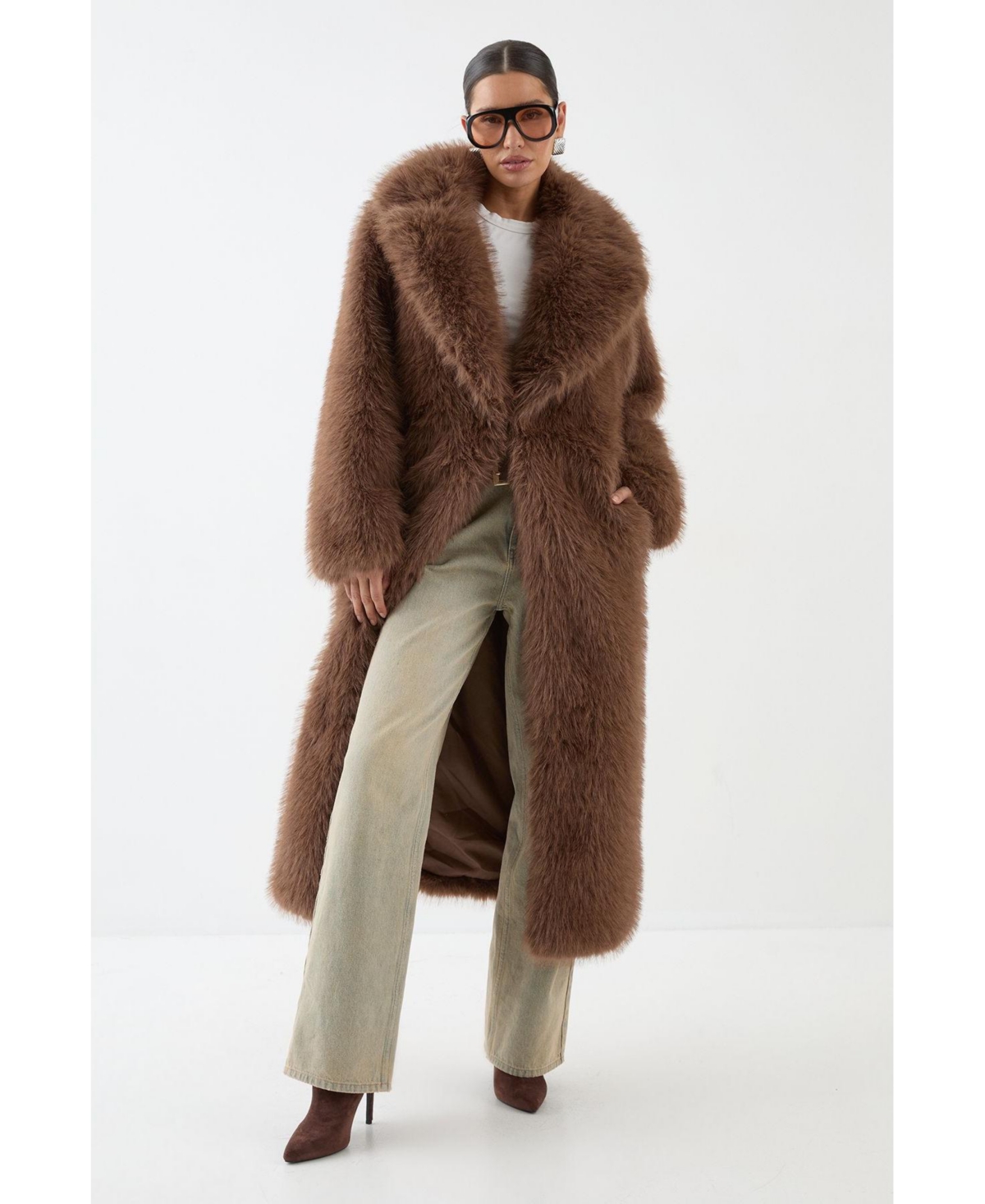 Click here for MissPap Womens Long Faux Fur Wide Collar Coat - Br... prices