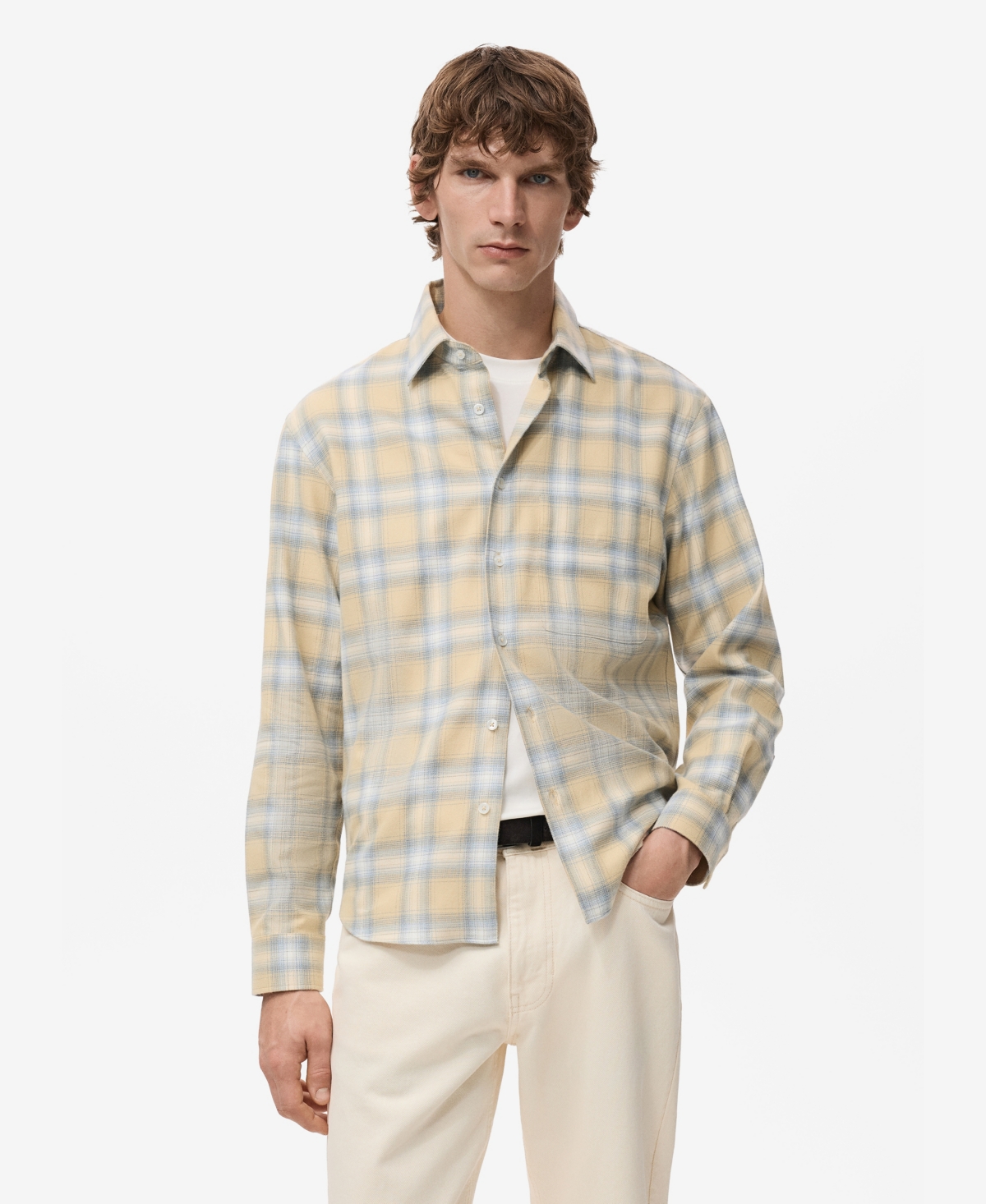 Click here for Mango Mens Check Flannel Cotton Shirt - Pastel Yel... prices