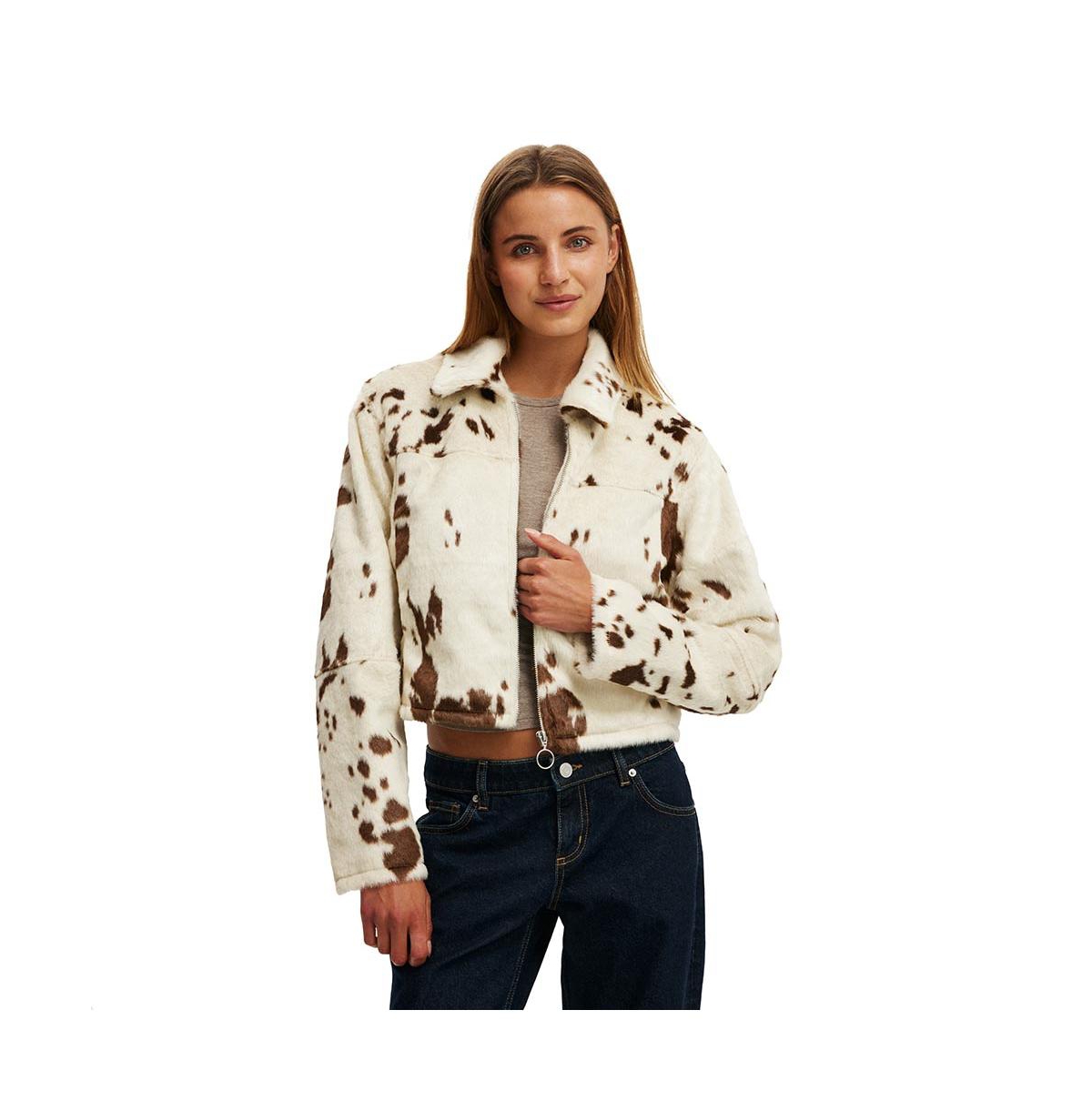 Click here for Cotton On Womens Cow Faux Fur Jacket - Brown prices